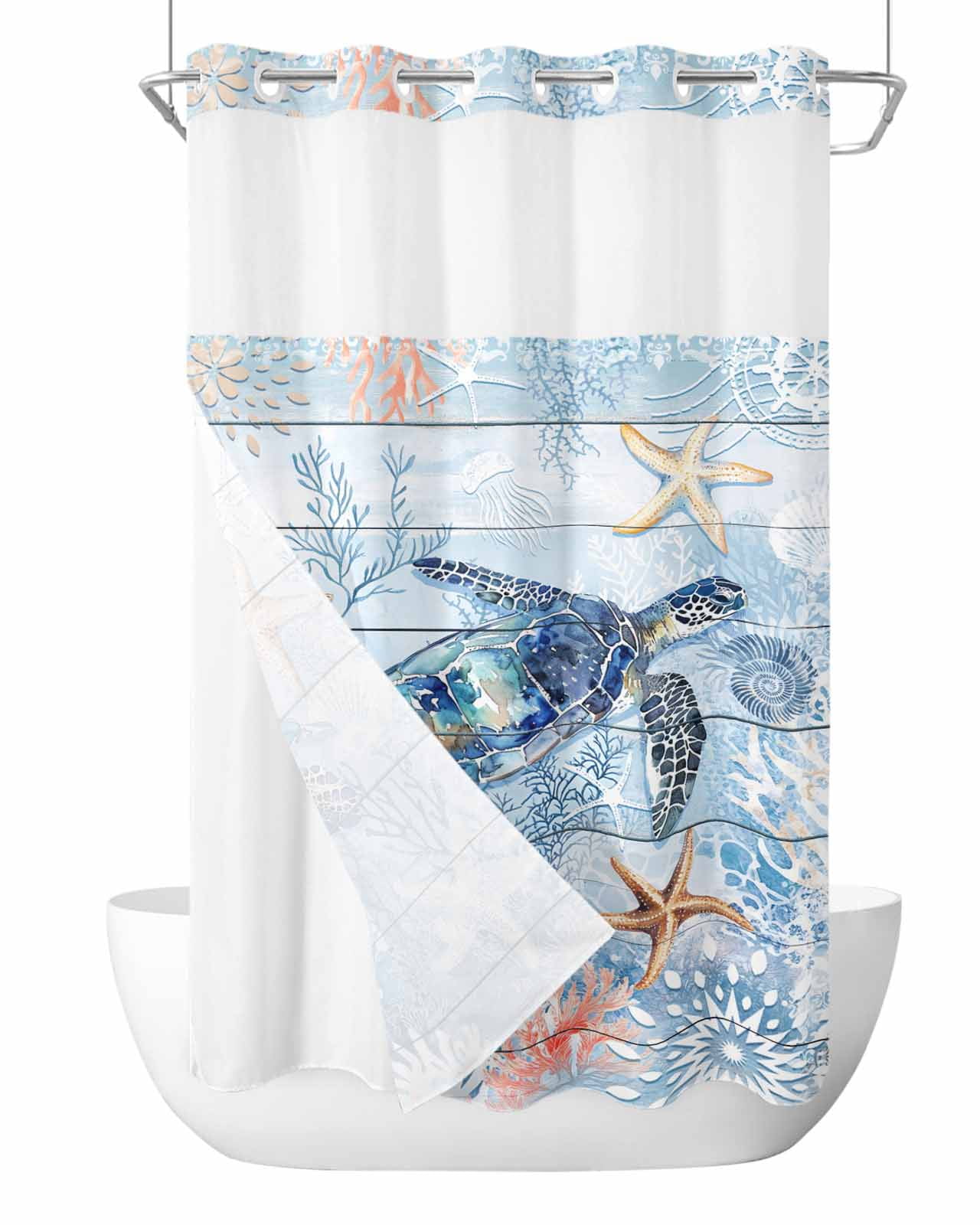 No Hook Cloth Fabric Shower Curtain with Snap in Liner, Blue Turtle ...