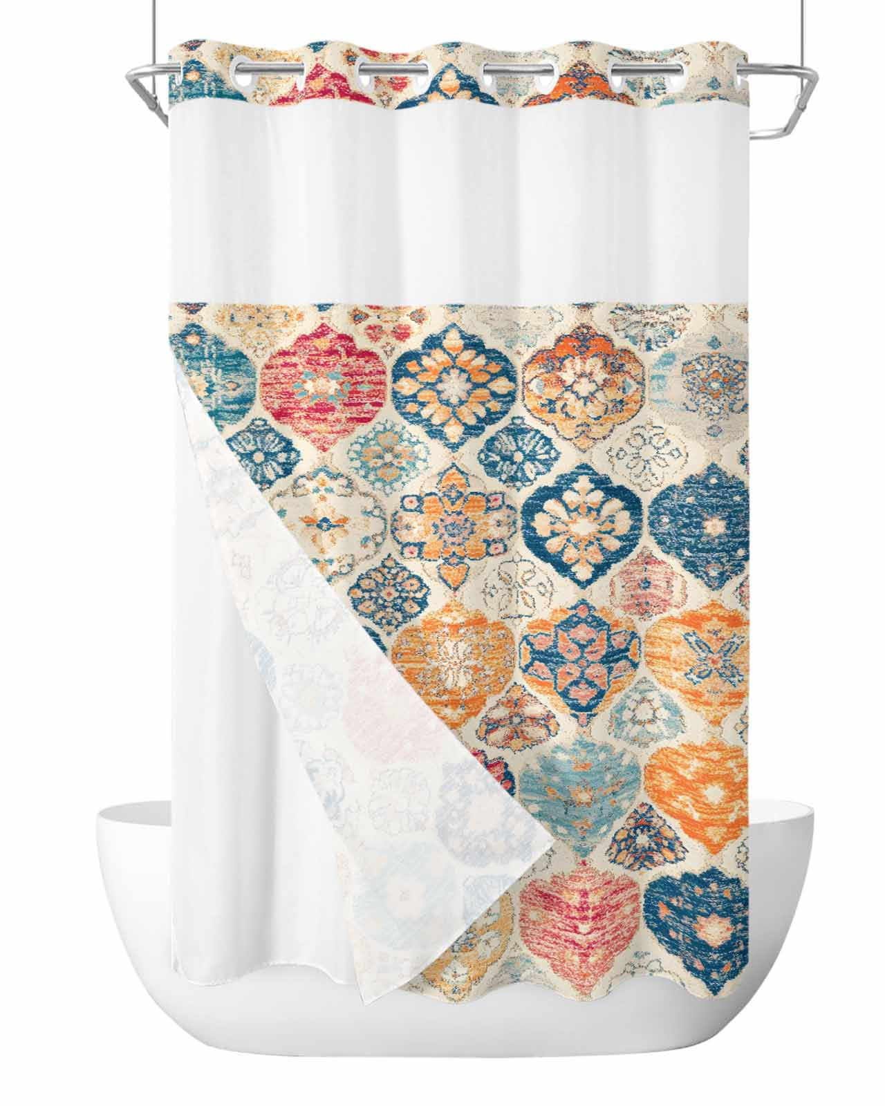 No Hook Cloth Fabric Shower Curtain with Snap in Liner, Boho Morocco ...