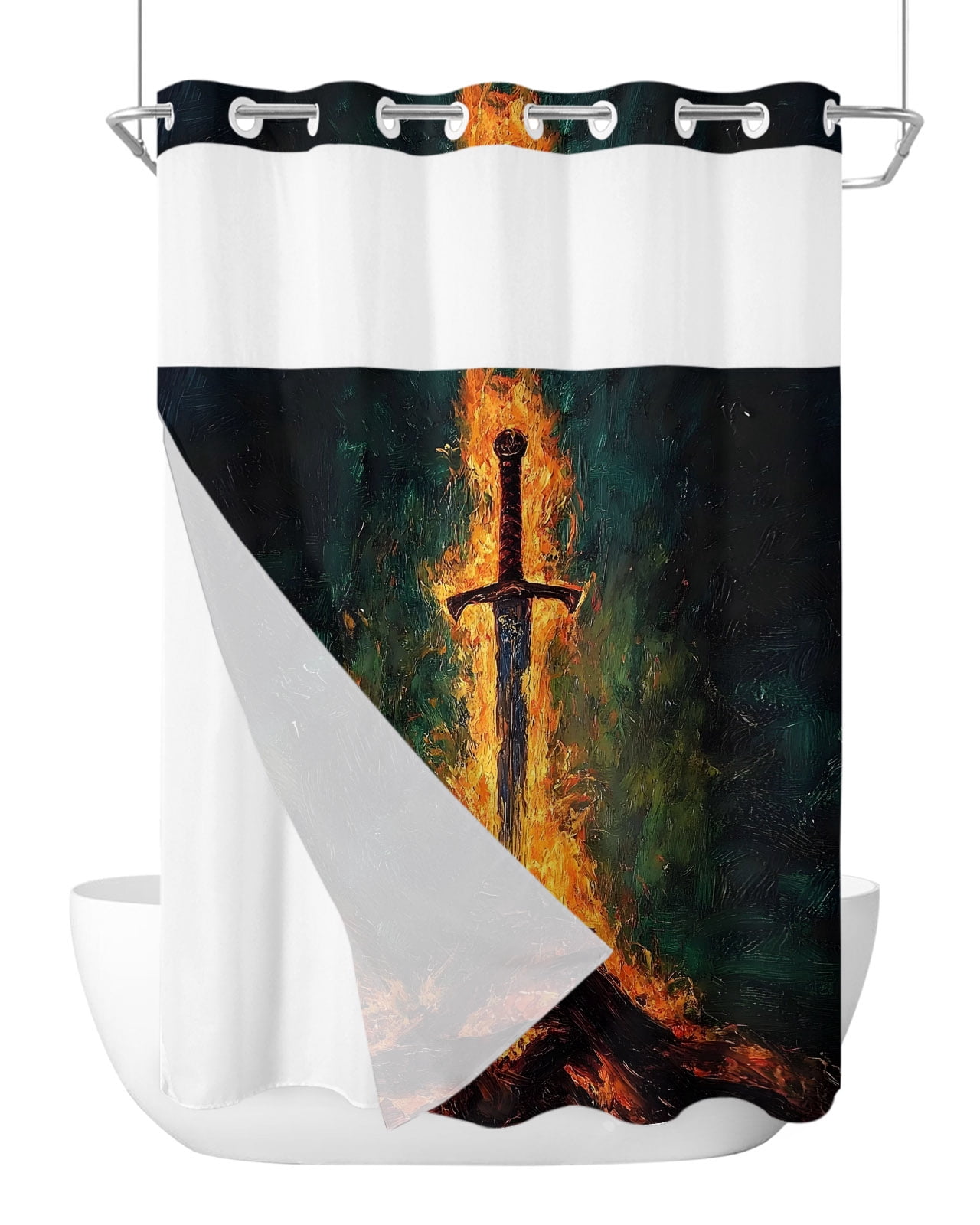 No Hook Cloth Fabric Shower Curtain with Snap in Liner, Bonfire Sword ...