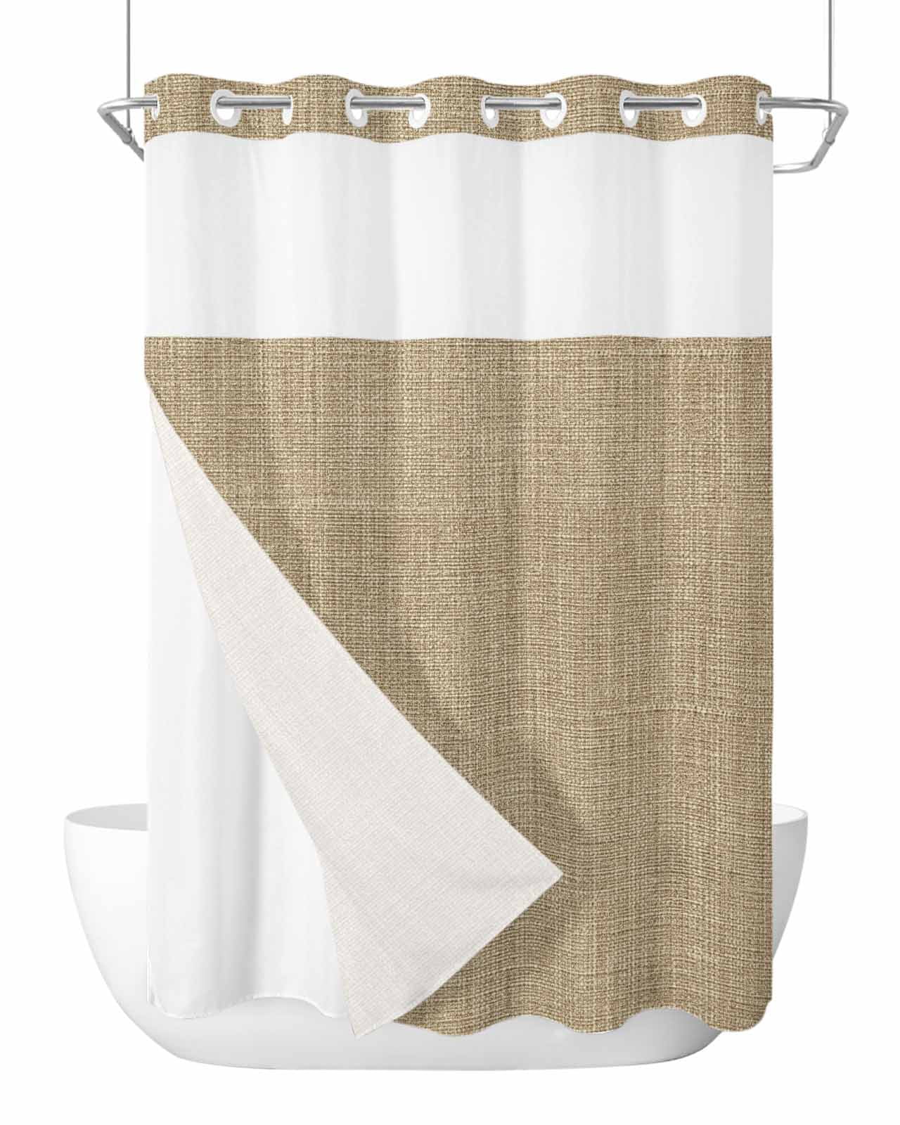 No Hook Cloth Fabric Shower Curtain with Snap in Liner, Brown Farmhouse ...