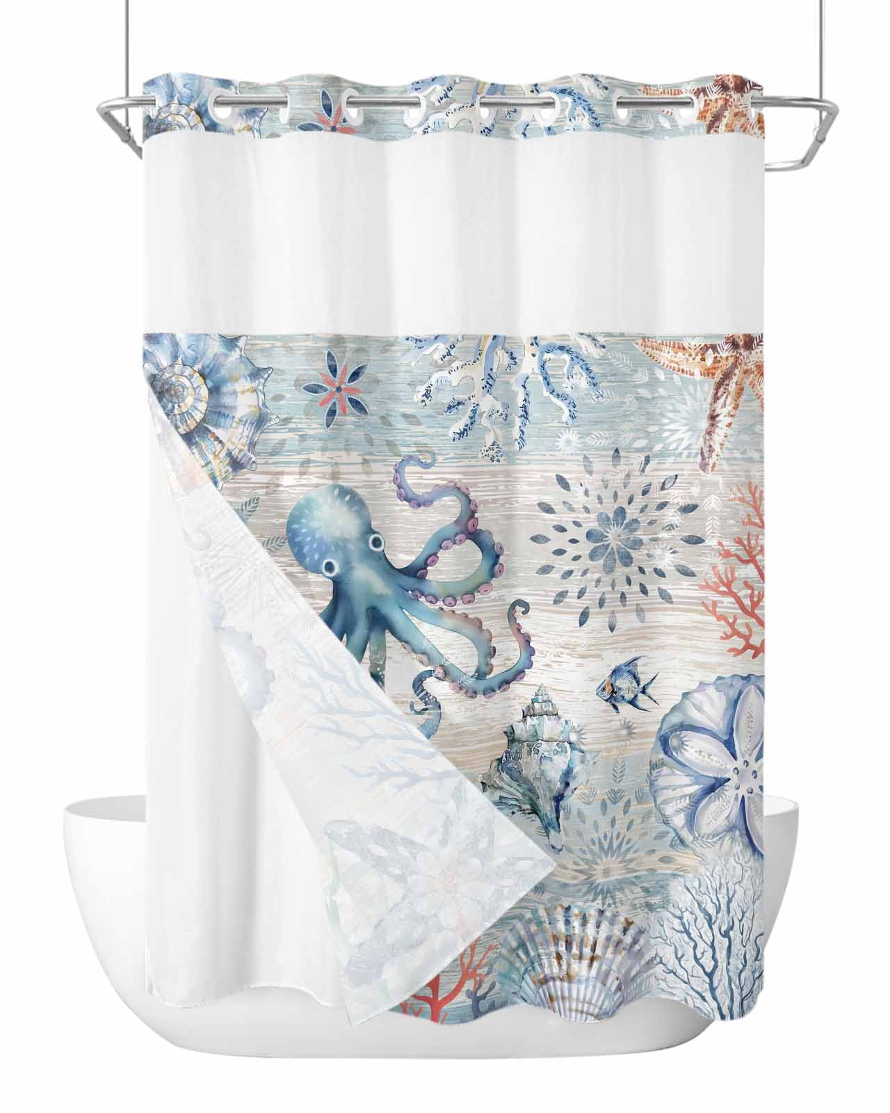 No Hook Cloth Fabric Shower Curtain with Snap in Liner, Coastal Octopus ...