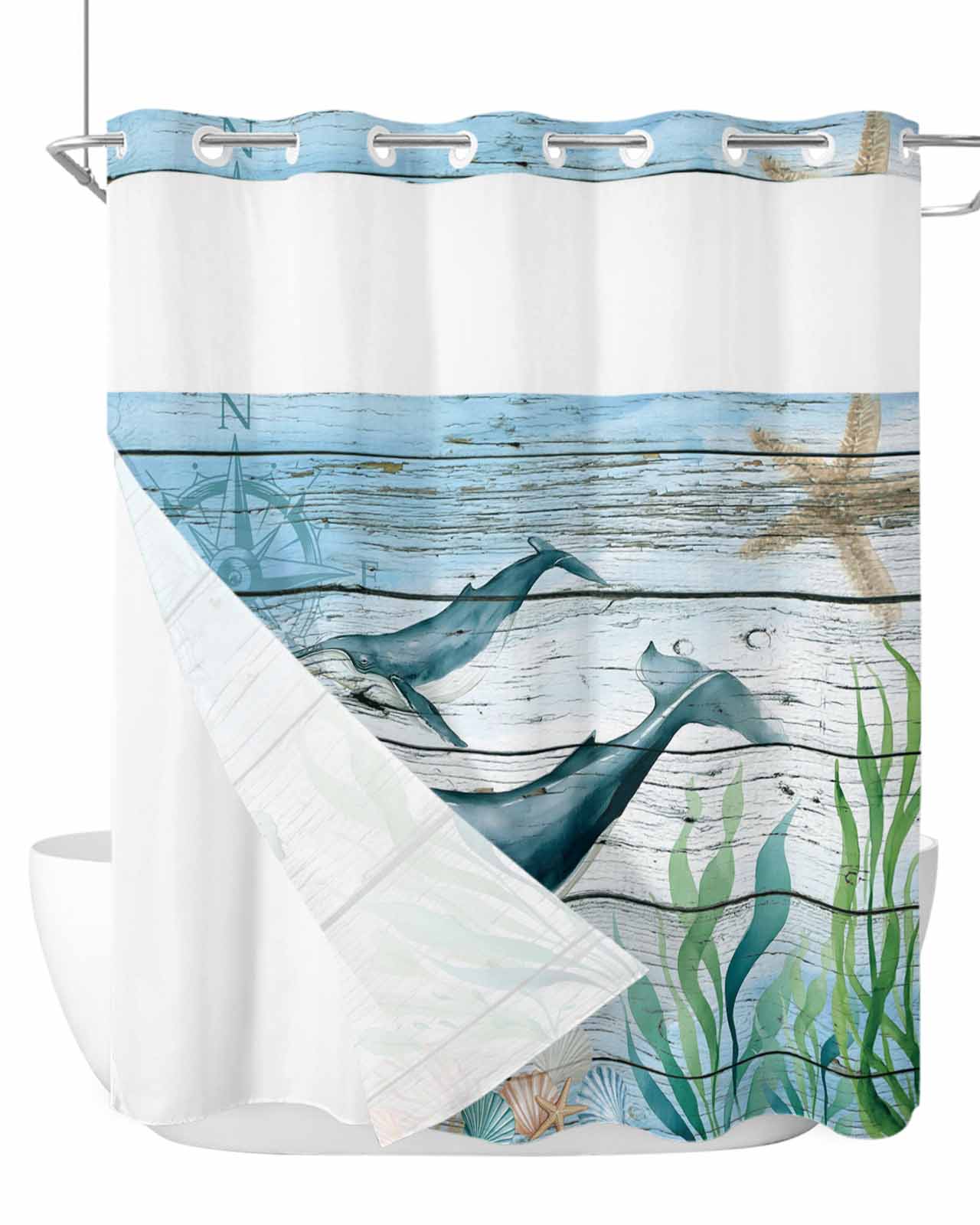 No Hook Cloth Fabric Shower Curtain with Snap in Liner, Coastal Whale ...