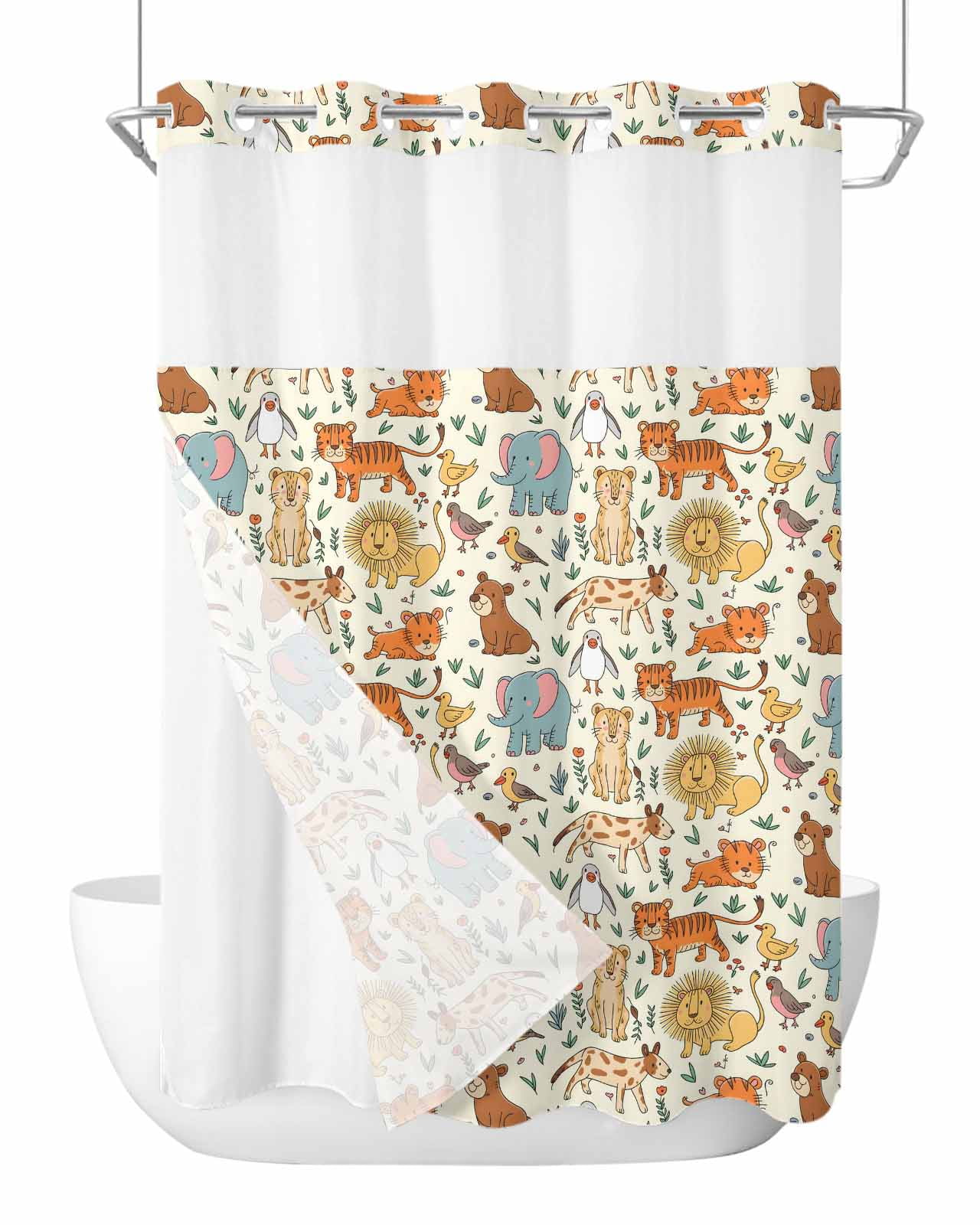 No Hook Cloth Fabric Shower Curtain with Snap in Liner, Cute Animals ...