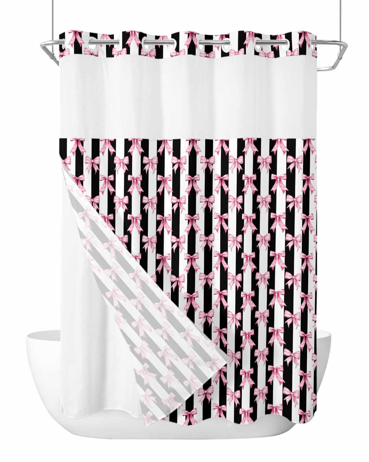 No Hook Cloth Fabric Shower Curtain with Snap in Liner, Cute Pink Bow ...