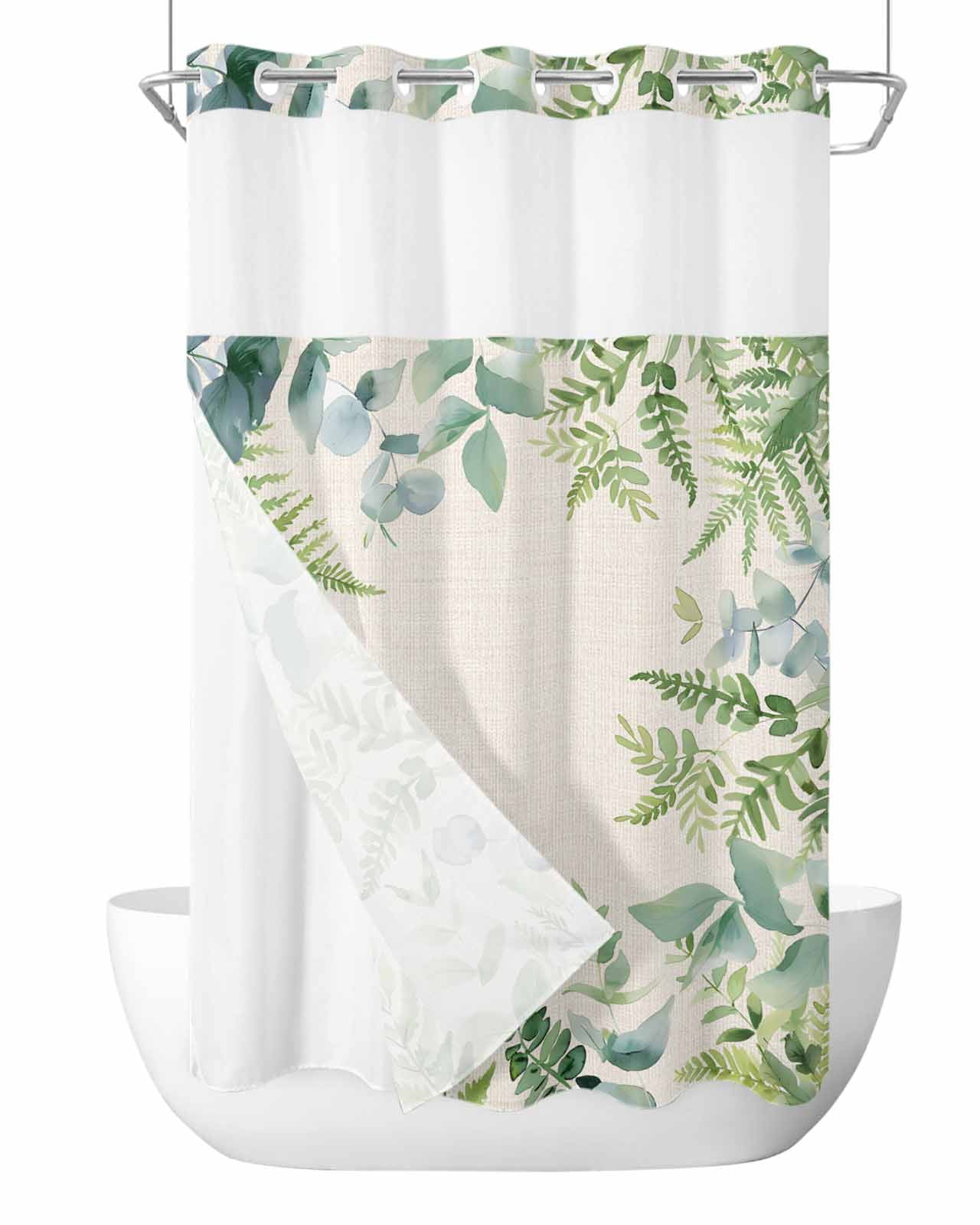 No Hook Cloth Fabric Shower Curtain with Snap in Liner, Eucalyptus ...