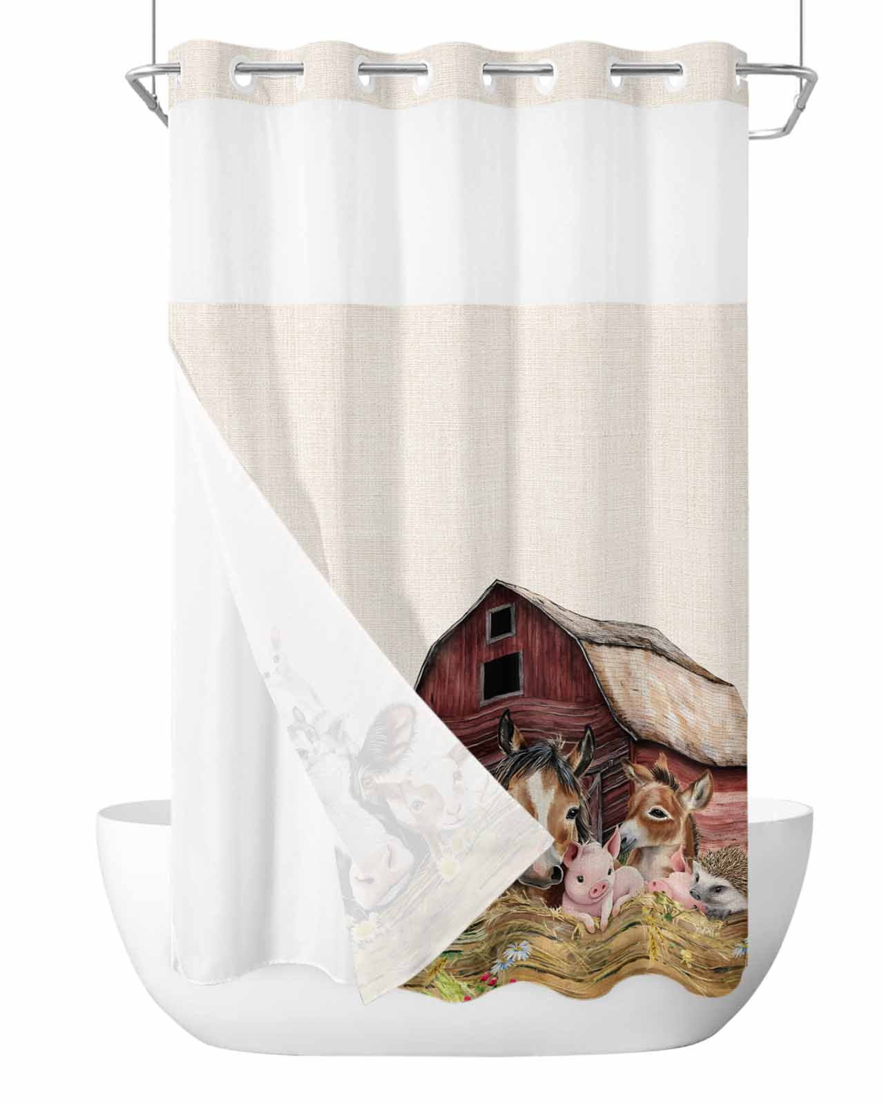 No Hook Cloth Fabric Shower Curtain with Snap in Liner, Farm Cow Pig ...