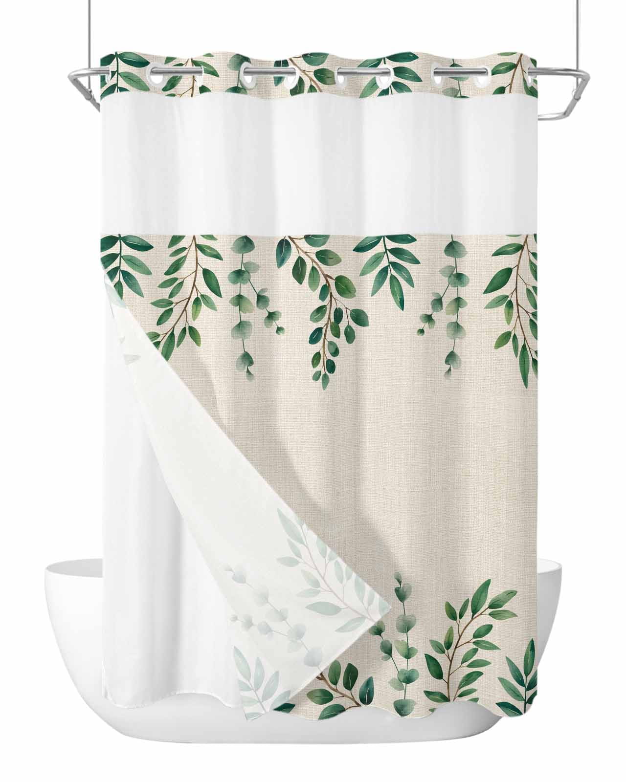 No Hook Cloth Fabric Shower Curtain with Snap in Liner, Green Leaf ...