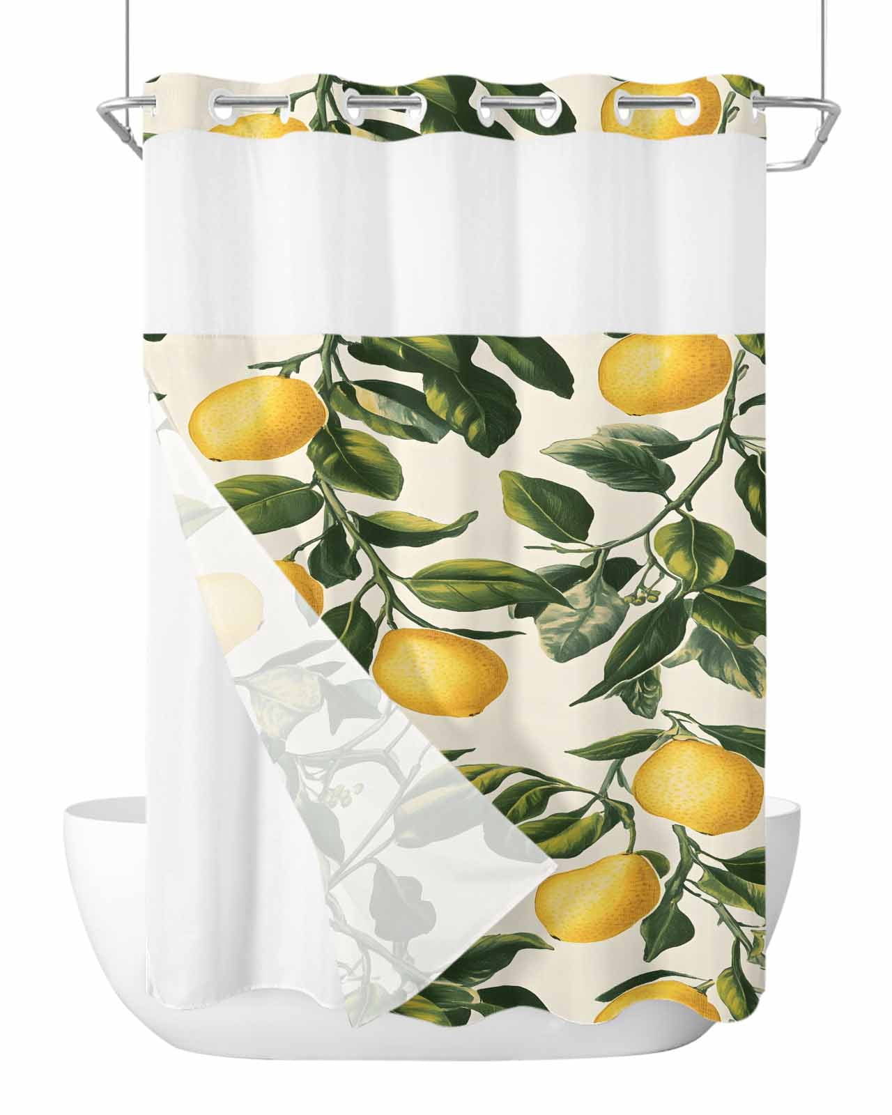 No Hook Cloth Fabric Shower Curtain with Snap in Liner, Lemon Leaves Waterproof Shower Curtains ...