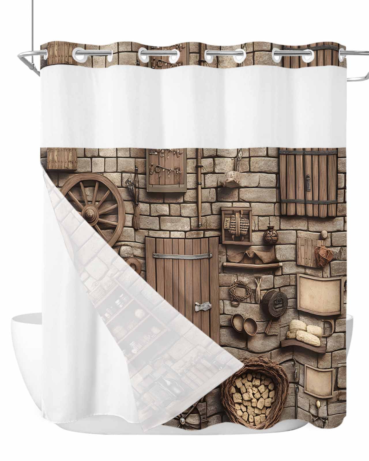 No Hook Cloth Fabric Shower Curtain with Snap in Liner, Medieval ...