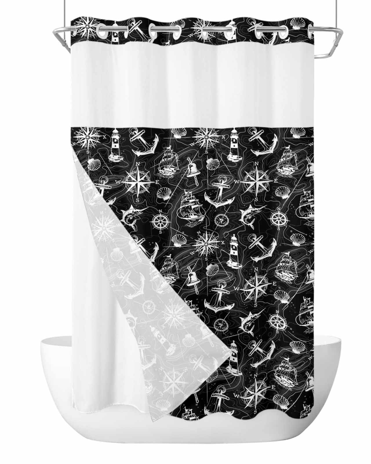 No Hook Cloth Fabric Shower Curtain with Snap in Liner, Nautical Black ...