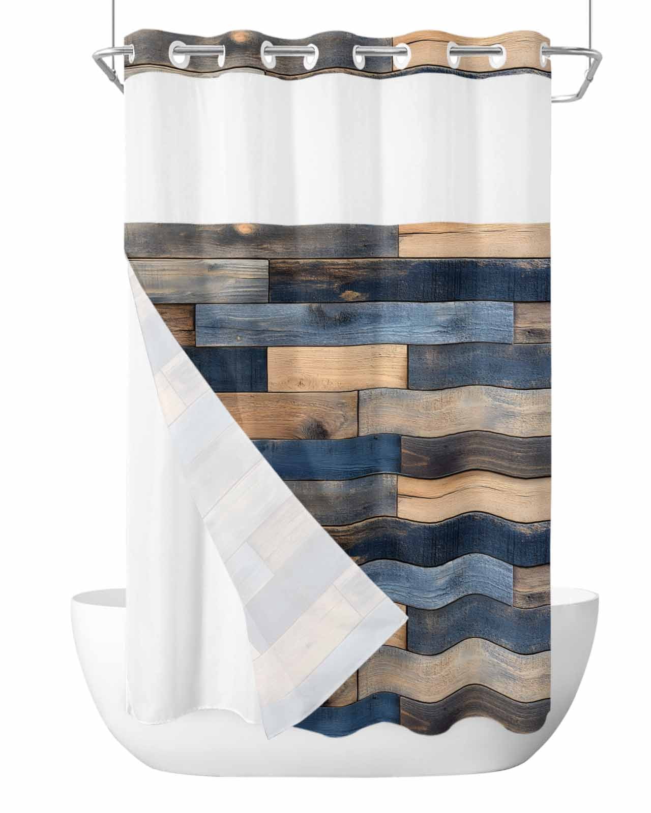 No Hook Cloth Fabric Shower Curtain with Snap in Liner, Navy Blue Brown ...