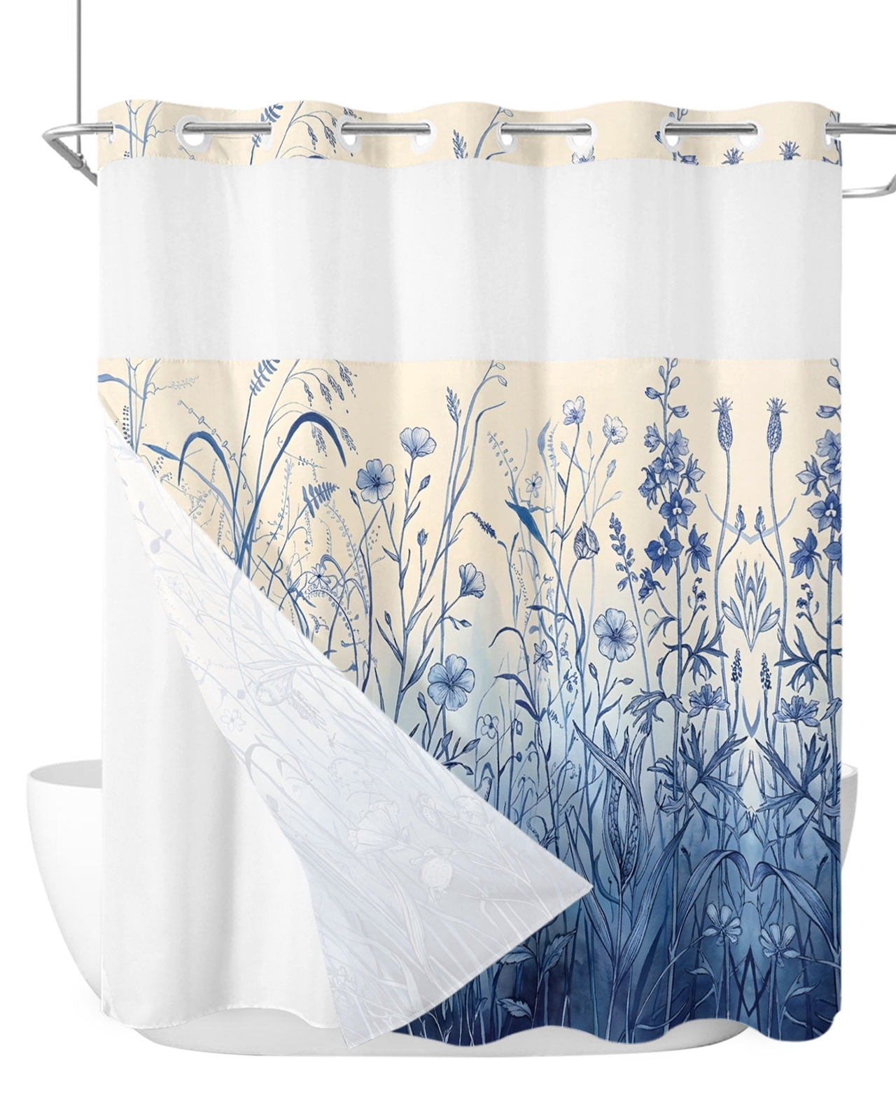No Hook Cloth Fabric Shower Curtain with Snap in Liner, Navy Blue ...