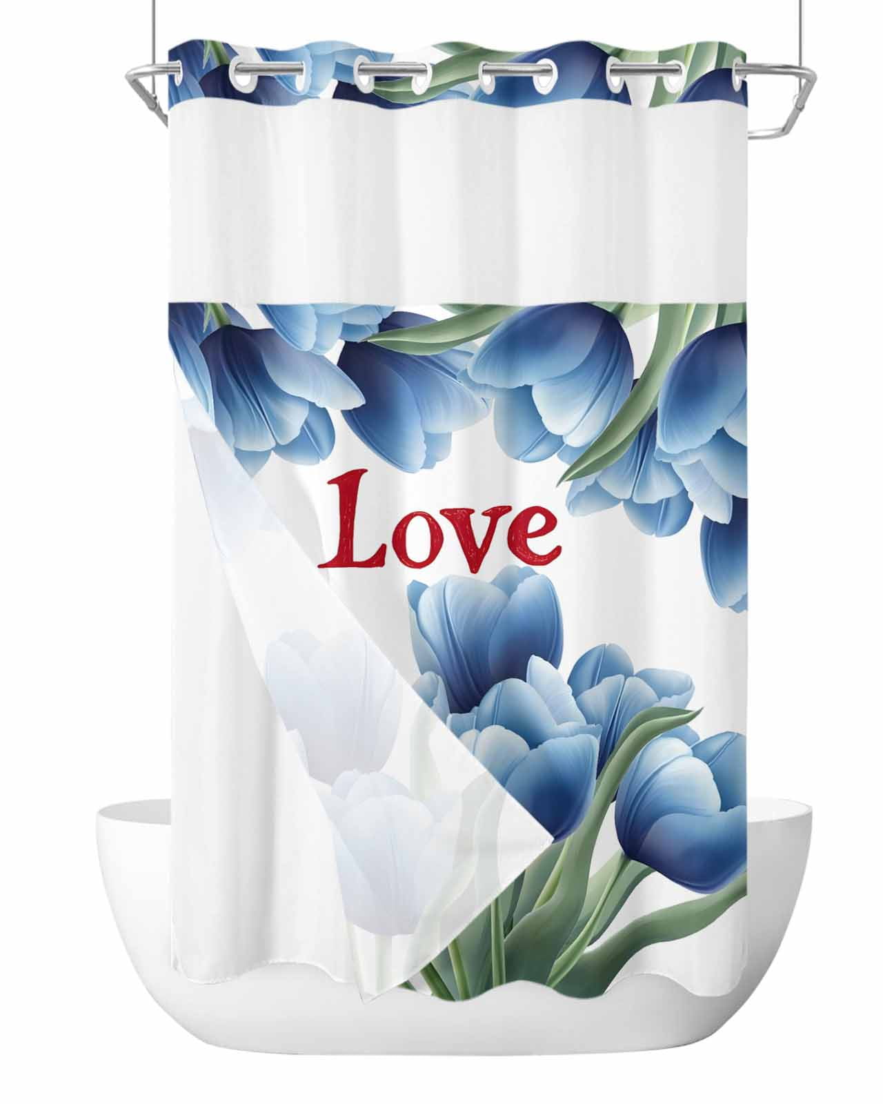 No Hook Cloth Fabric Shower Curtain with Snap in Liner, Navy Blue Tulip Waterproof Shower ...