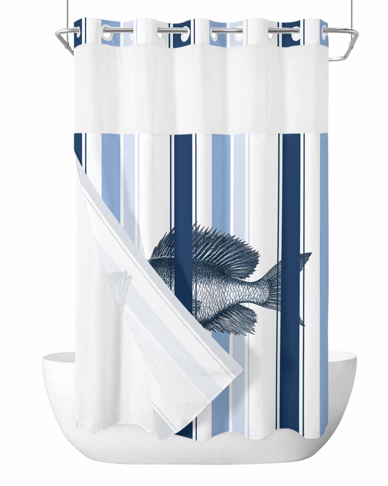 No Hook Cloth Fabric Shower Curtain with Snap in Liner, Ocean Fish ...