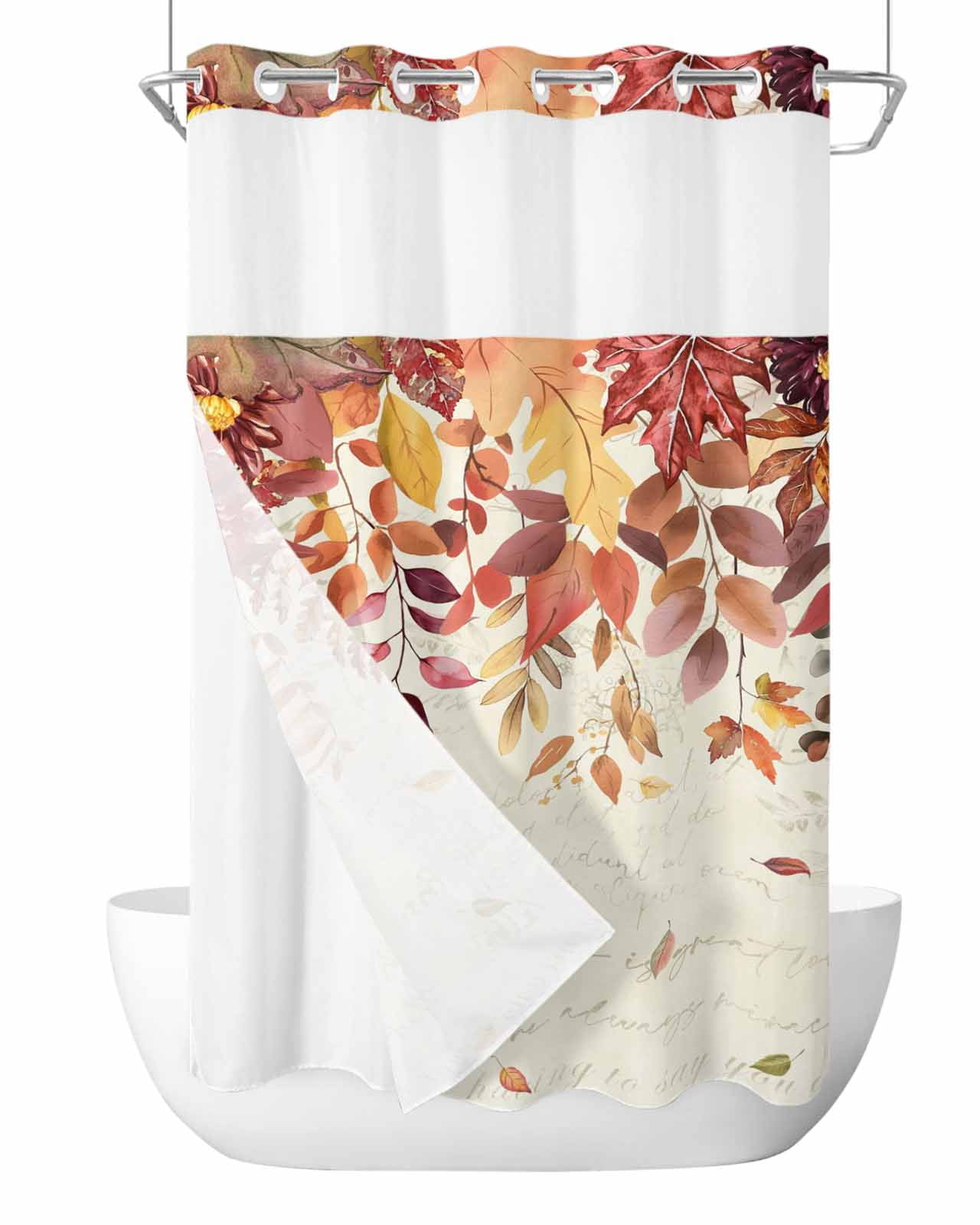 No Hook Cloth Fabric Shower Curtain with Snap in Liner, Orange Fall ...