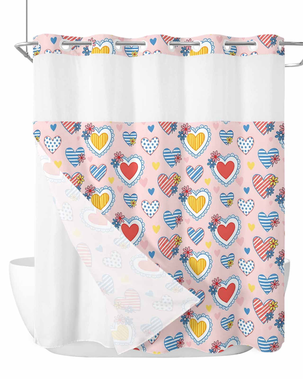 No Hook Cloth Fabric Shower Curtain with Snap in Liner, Pink Love Heart ...