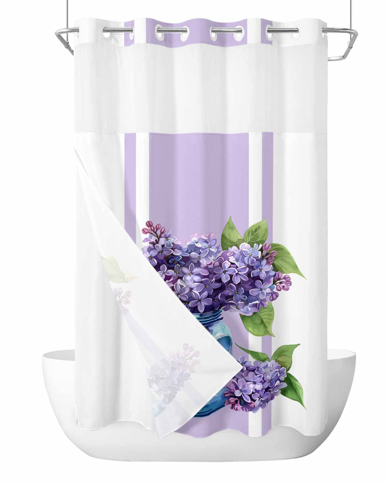 No Hook Cloth Fabric Shower Curtain with Snap in Liner, Purple ...