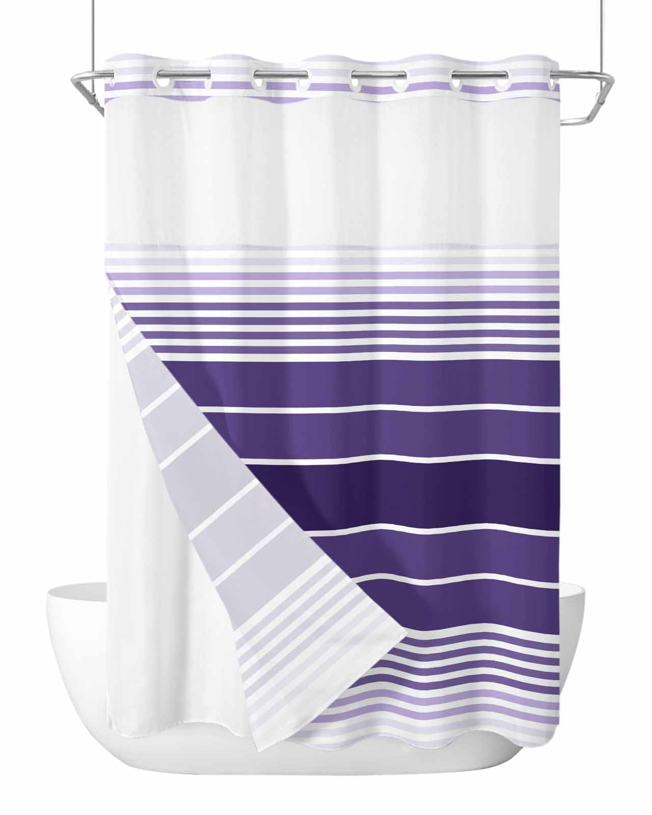 No Hook Cloth Fabric Shower Curtain with Snap in Liner, Purple Ombre Stripe Waterproof Shower ...