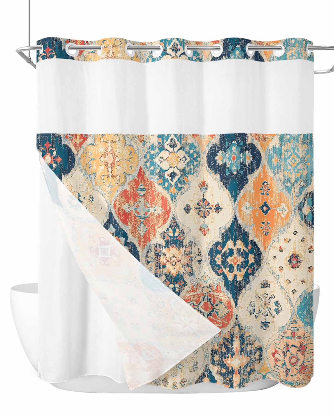 No Hook Cloth Fabric Shower Curtain with Snap in Liner, Retro Morocco ...