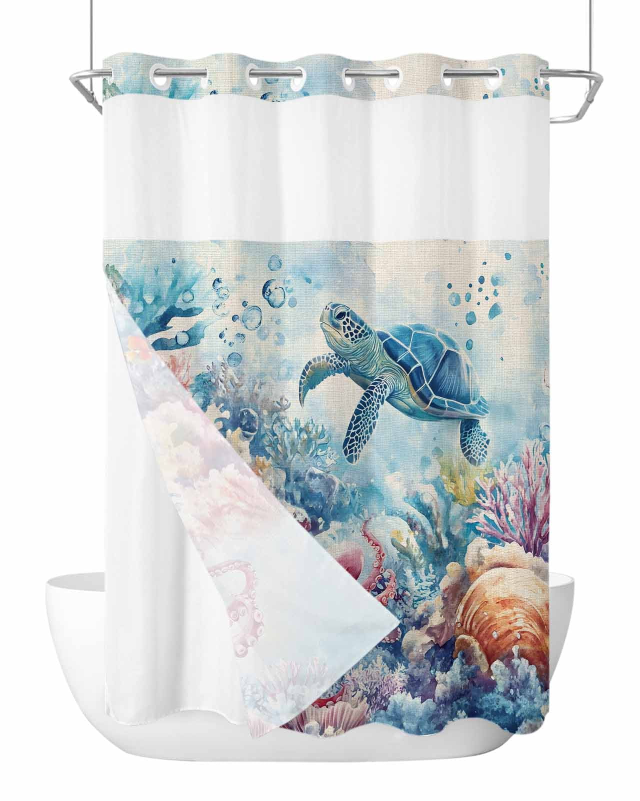 No Hook Cloth Fabric Shower Curtain with Snap in Liner, Sea Turtle ...