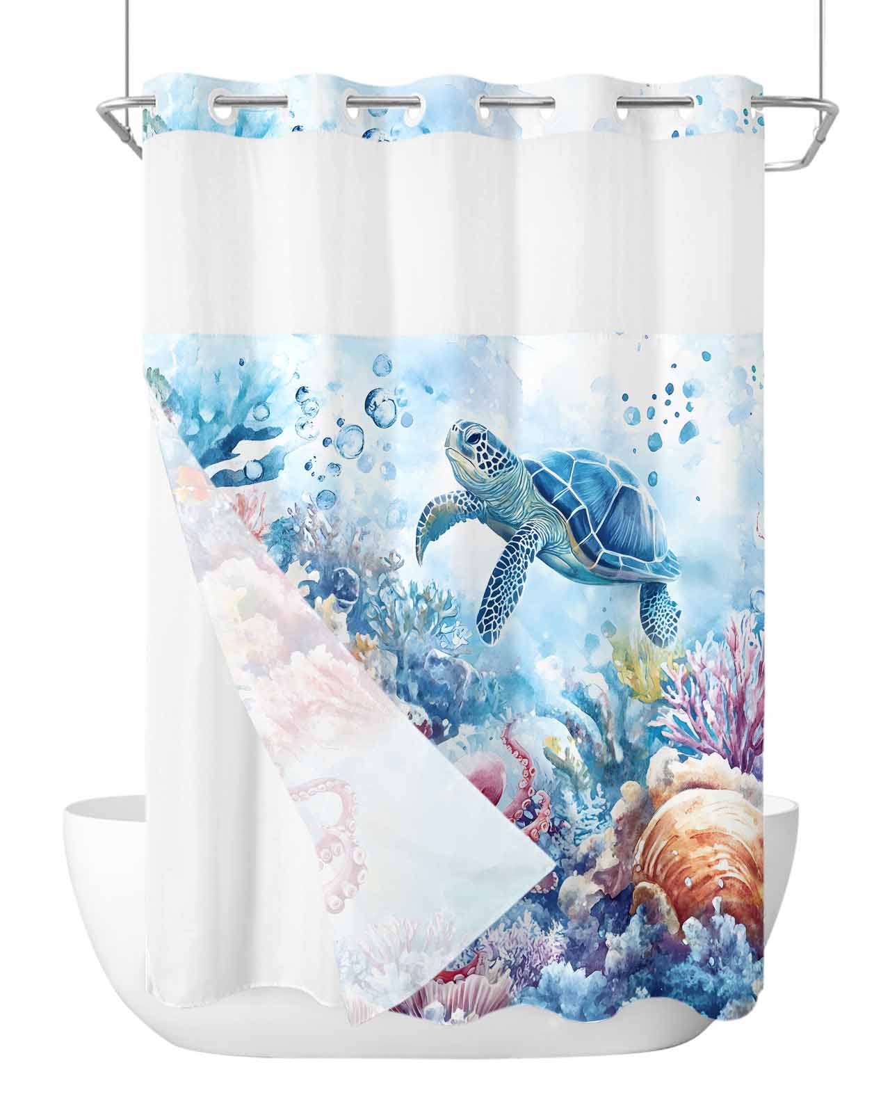 No Hook Cloth Fabric Shower Curtain with Snap in Liner, Sea Turtle ...