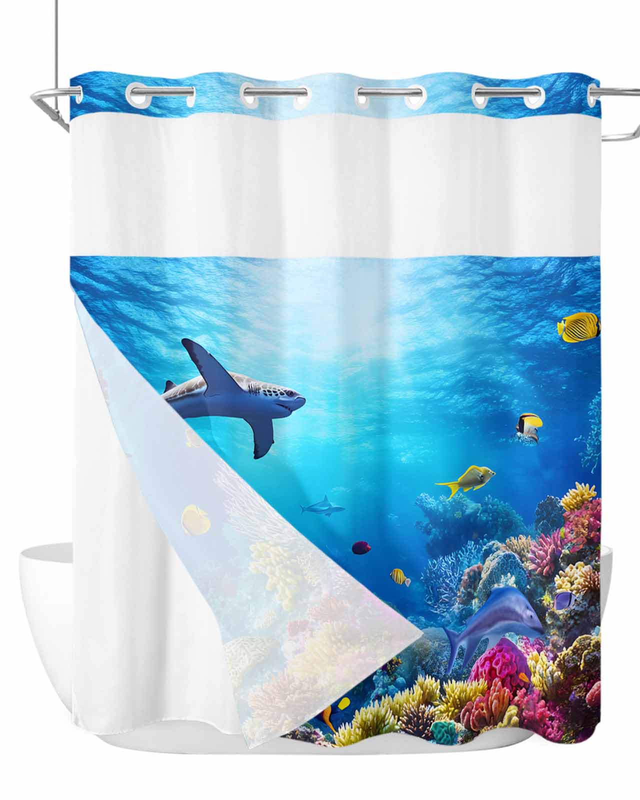 No Hook Cloth Fabric Shower Curtain with Snap in Liner, Shark ...