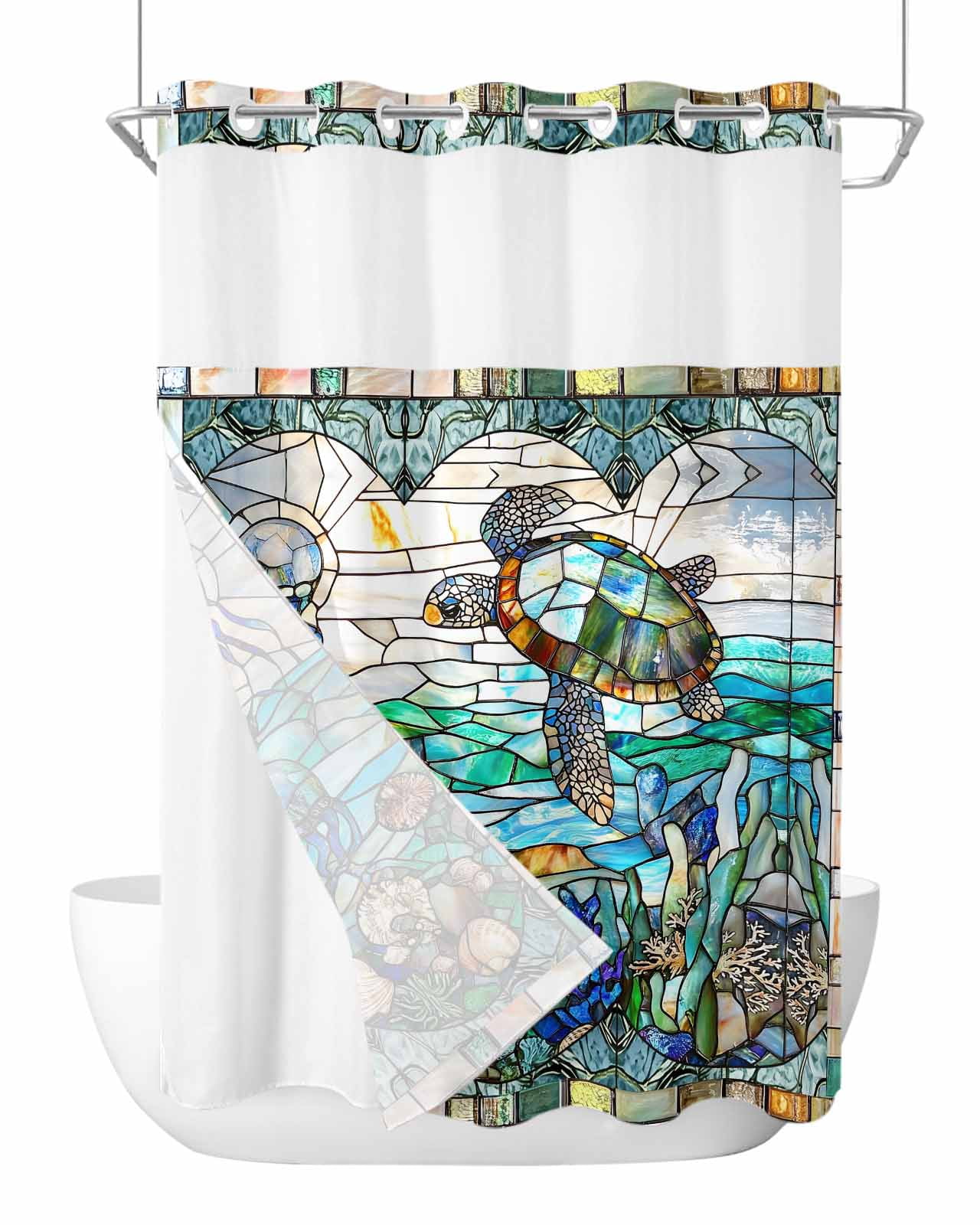 No Hook Cloth Fabric Shower Curtain with Snap in Liner, Stained Glass ...