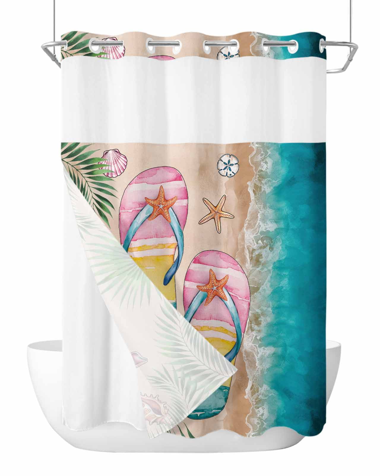 No Hook Cloth Fabric Shower Curtain with Snap in Liner, Summer Beach ...