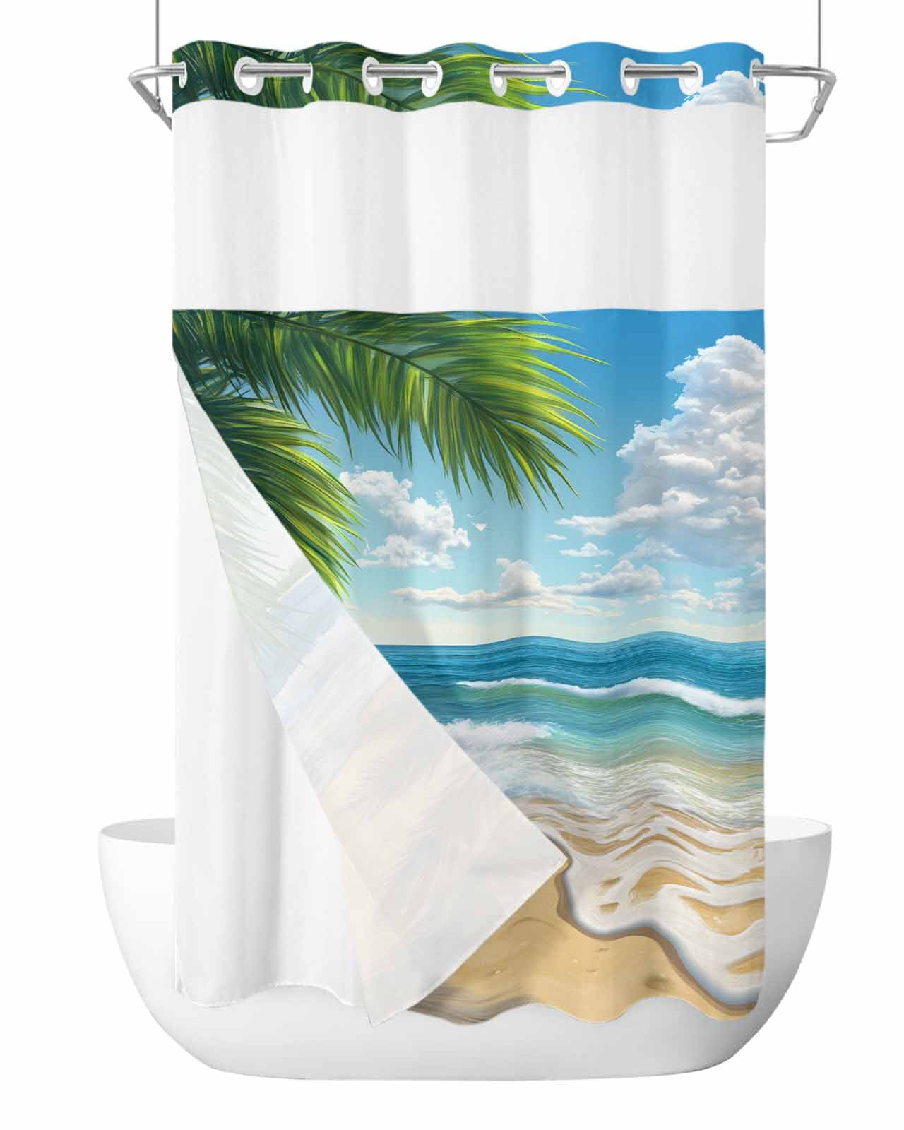 No Hook Cloth Fabric Shower Curtain with Snap in Liner, Summer Beach ...