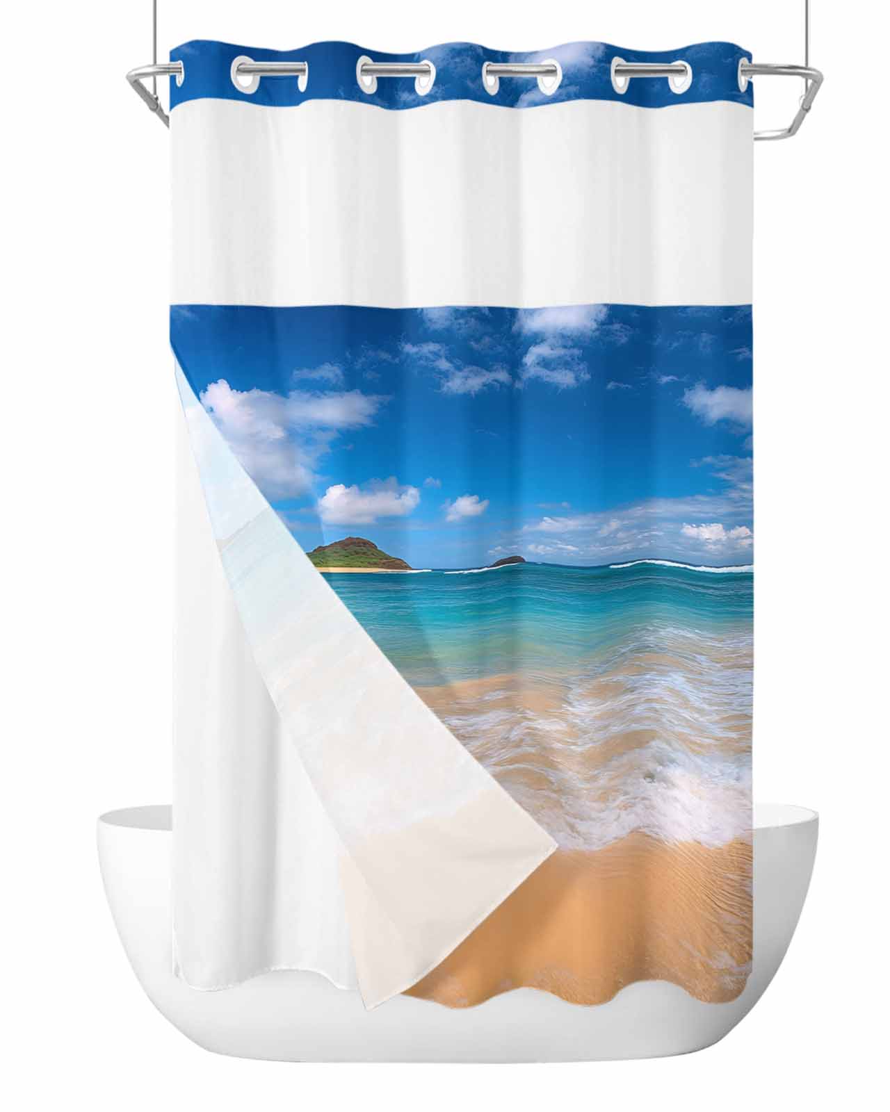 No Hook Cloth Fabric Shower Curtain with Snap in Liner, Summer Beach ...