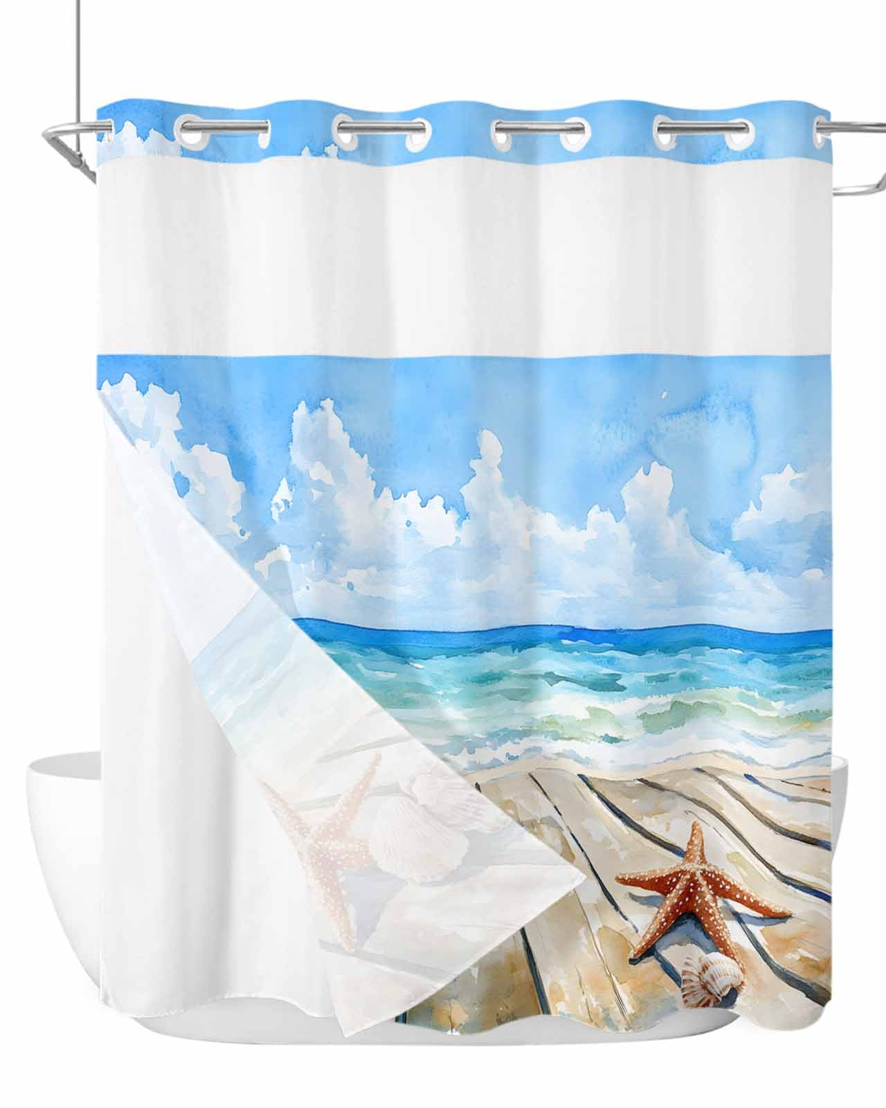 No Hook Cloth Fabric Shower Curtain with Snap in Liner, Summer Ocean ...