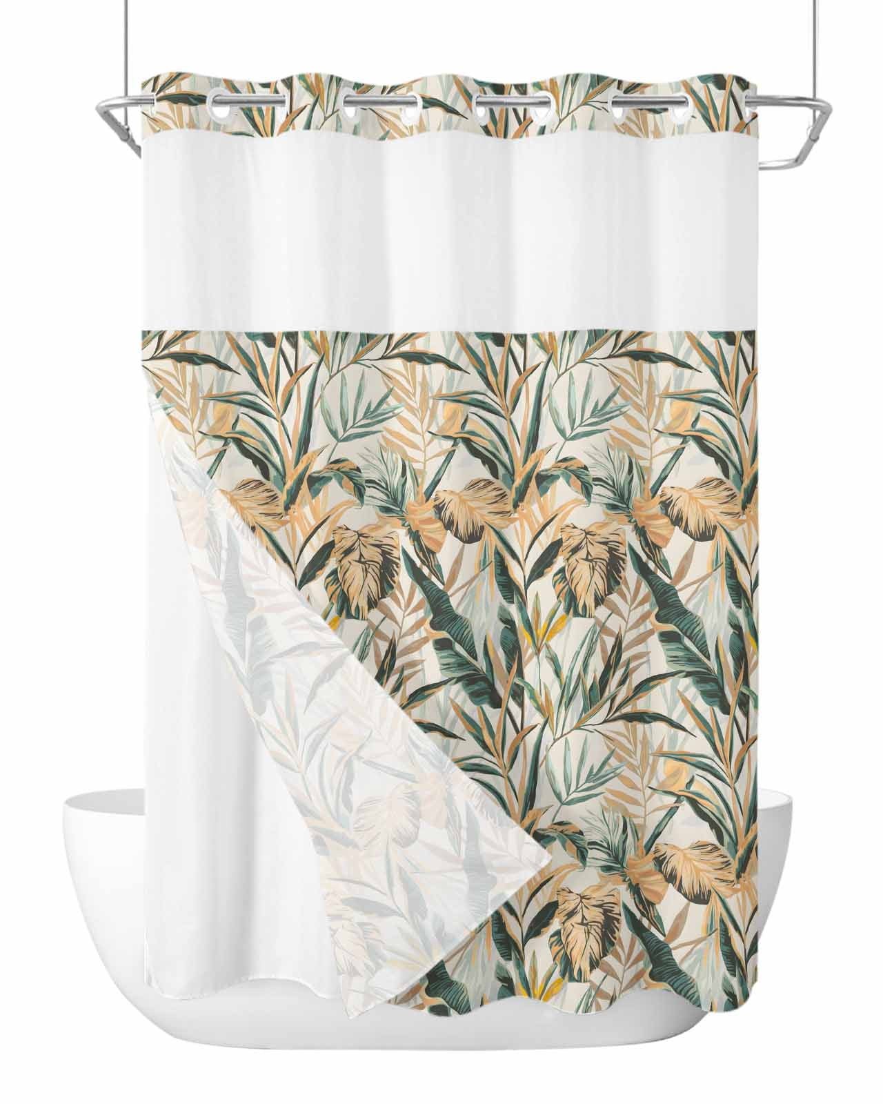 No Hook Cloth Fabric Shower Curtain with Snap in Liner, Summer Palm ...