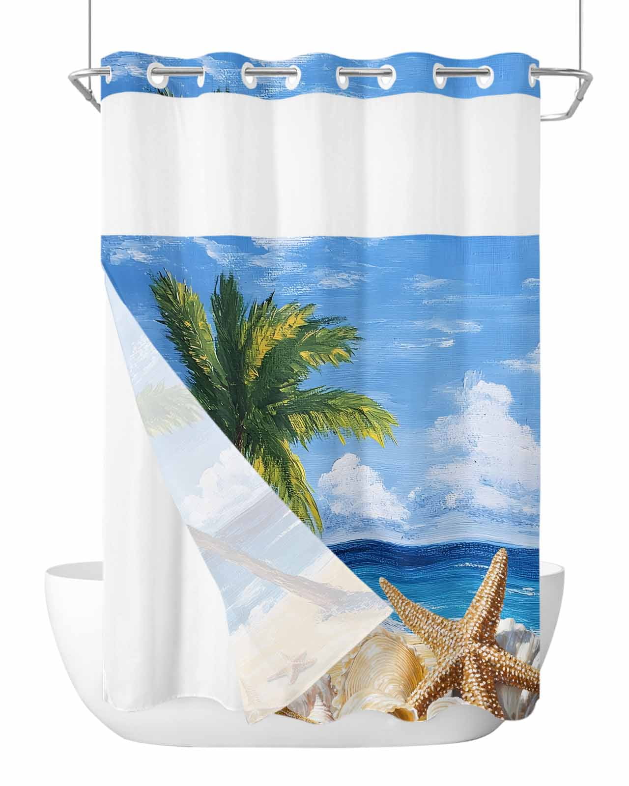 No Hook Cloth Fabric Shower Curtain with Snap in Liner, Summer Palm ...