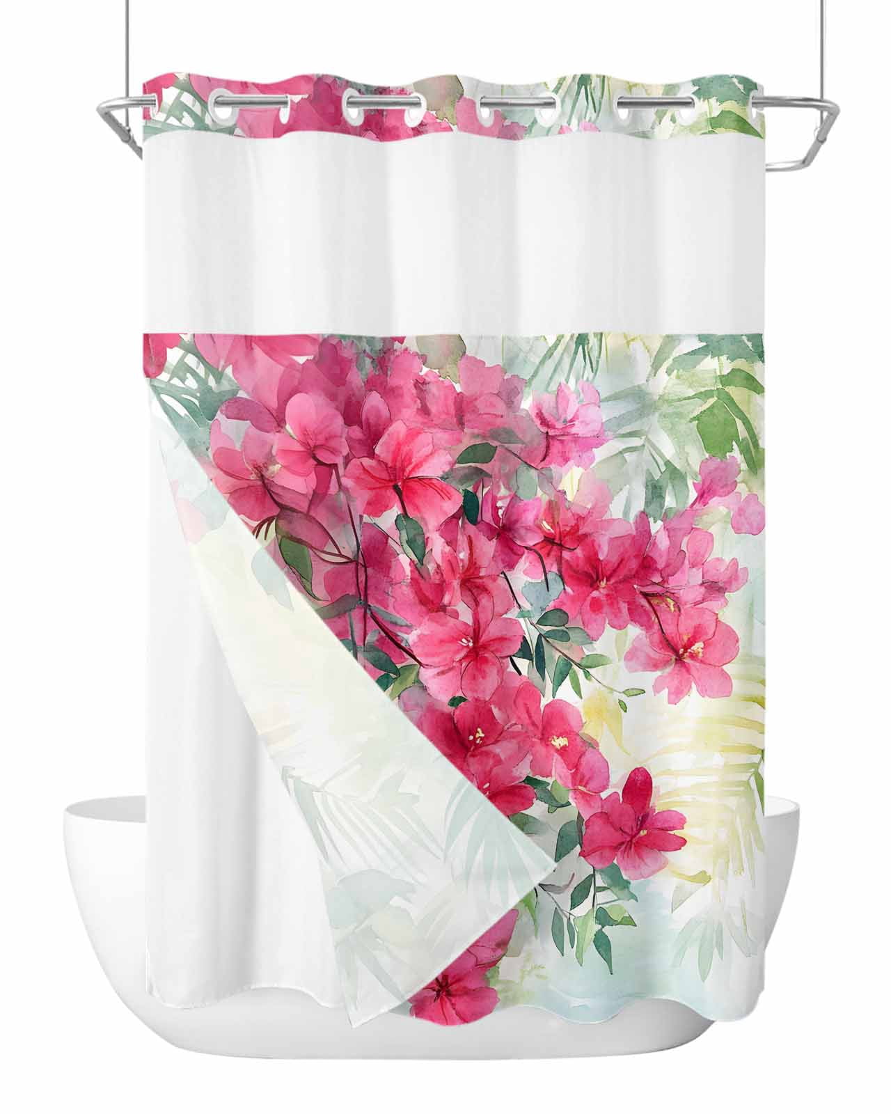 No Hook Cloth Fabric Shower Curtain with Snap in Liner, Summer Tropical ...