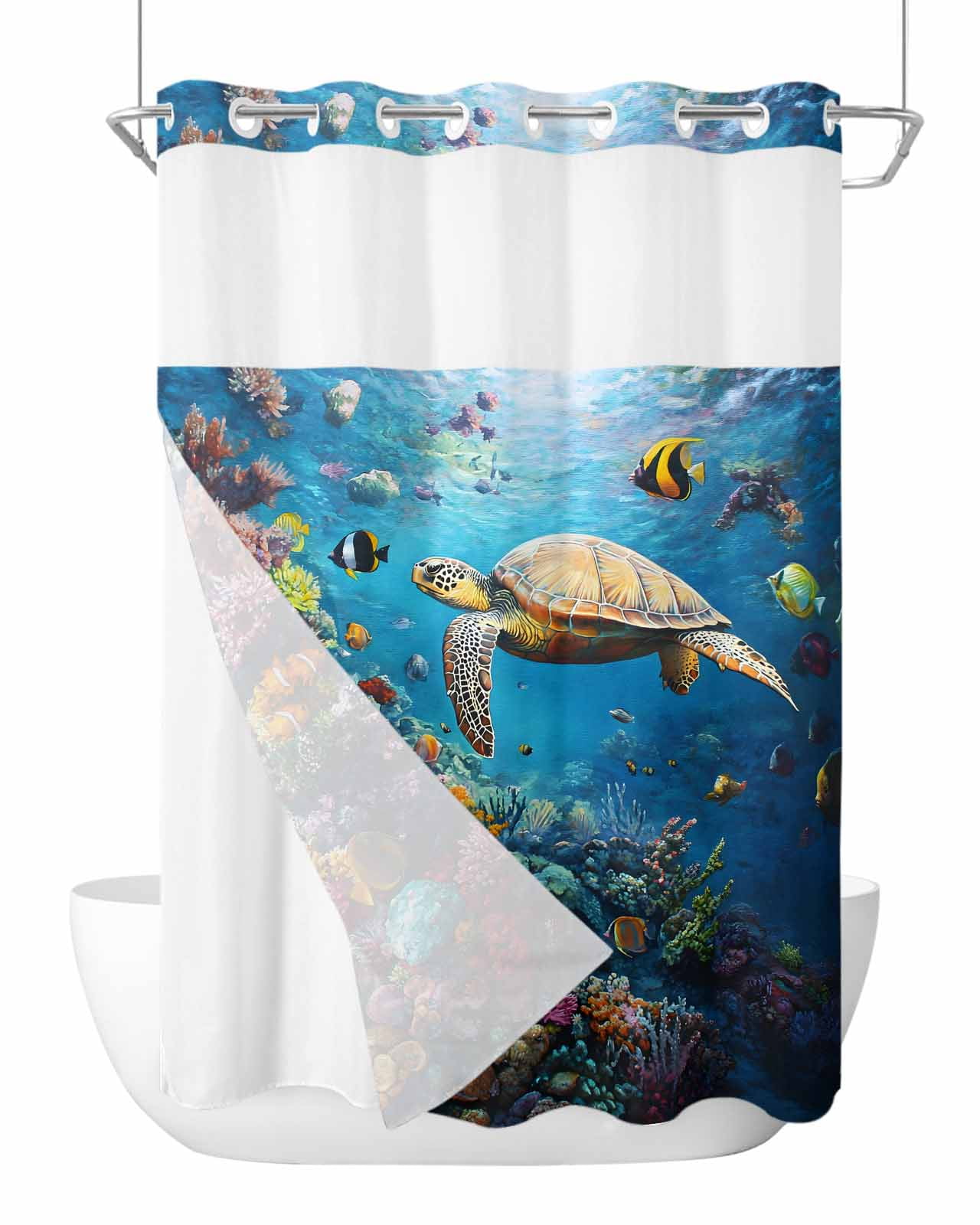No Hook Cloth Fabric Shower Curtain with Snap in Liner, Summer Turtle ...
