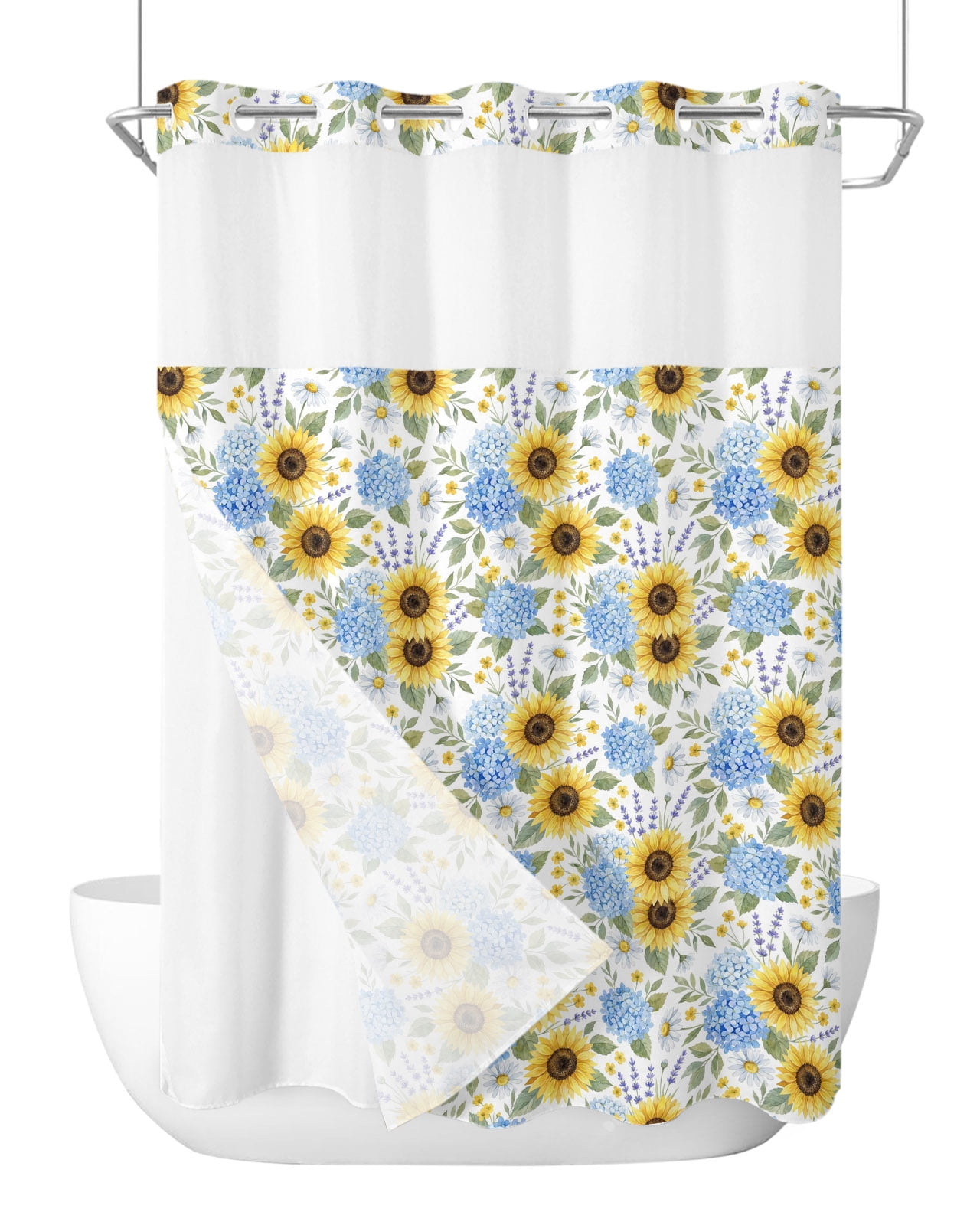 No Hook Cloth Fabric Shower Curtain with Snap in Liner, Sunflower ...