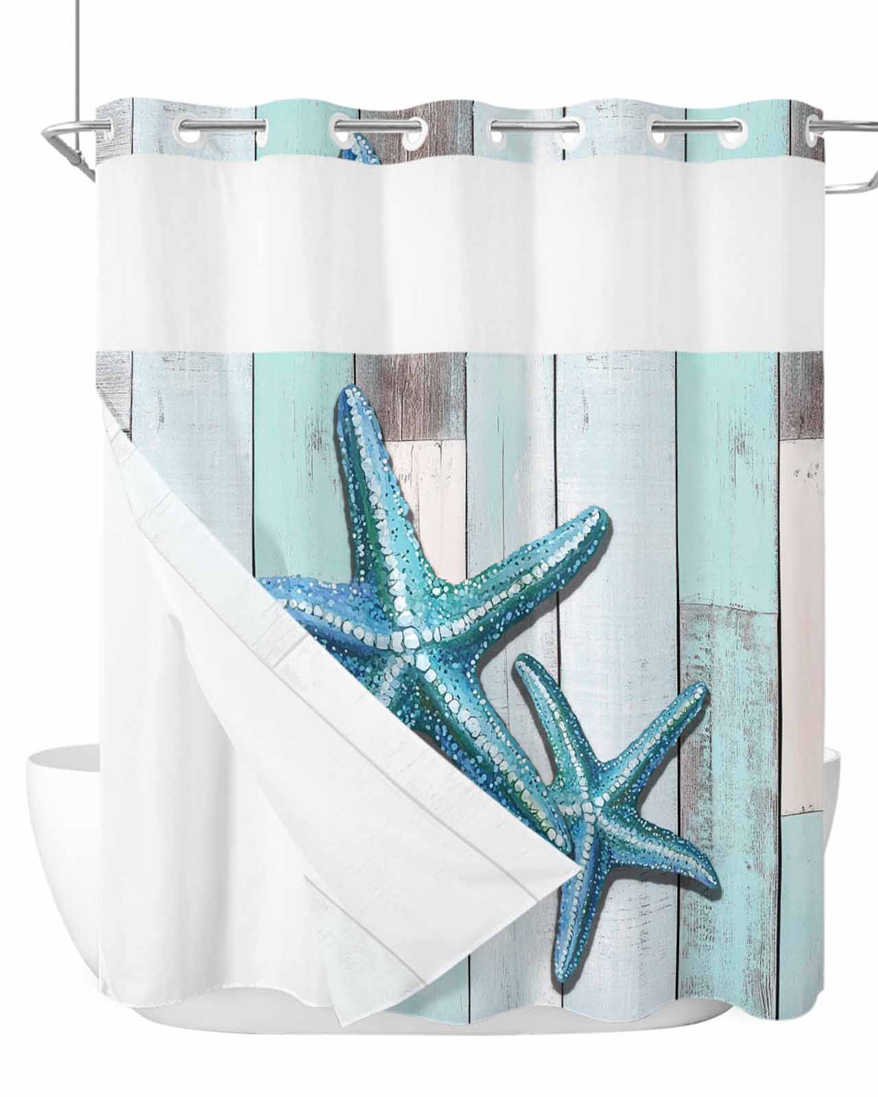 No Hook Cloth Fabric Shower Curtain with Snap in Liner, Teal Blue ...