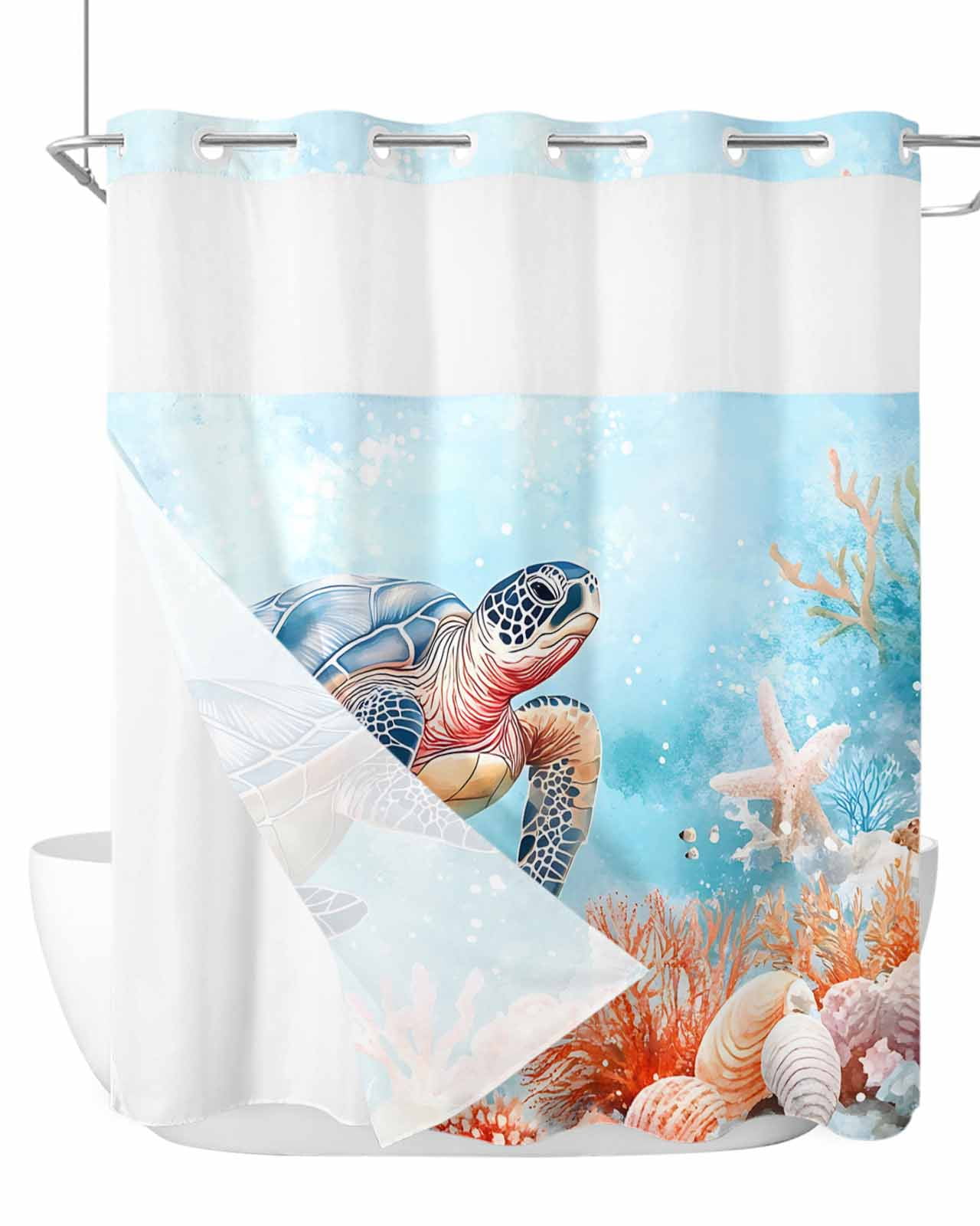 No Hook Cloth Fabric Shower Curtain with Snap in Liner, Turtle ...