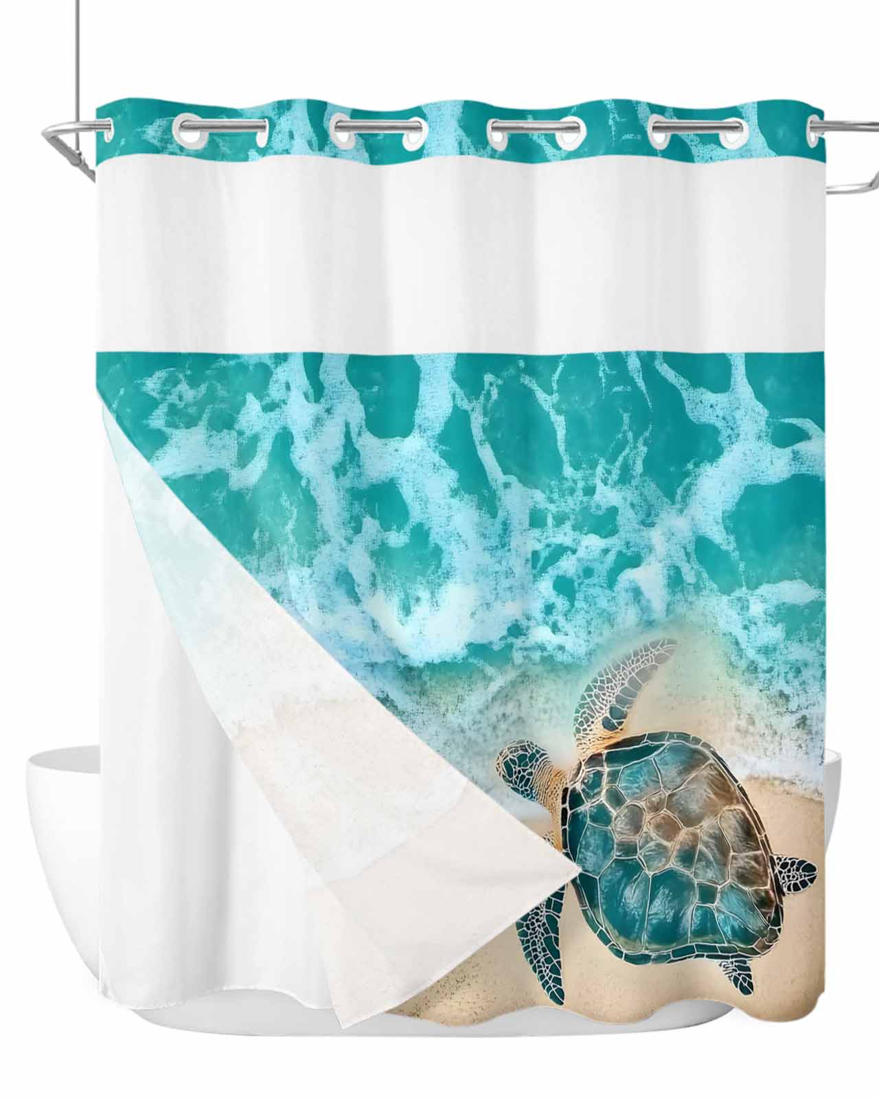 No Hook Cloth Fabric Shower Curtain with Snap in Liner, Turtle ...