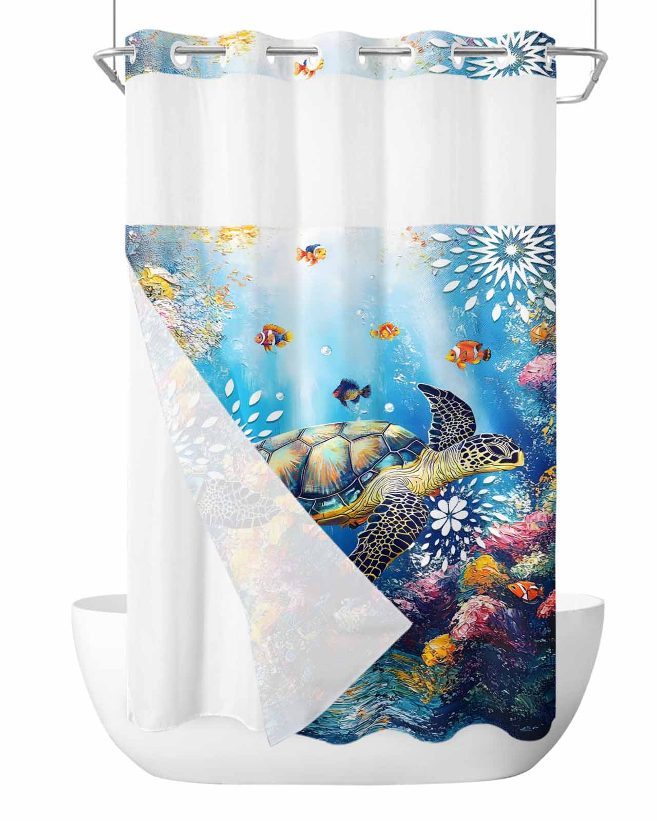 No Hook Cloth Fabric Shower Curtain with Snap in Liner, Turtle ...