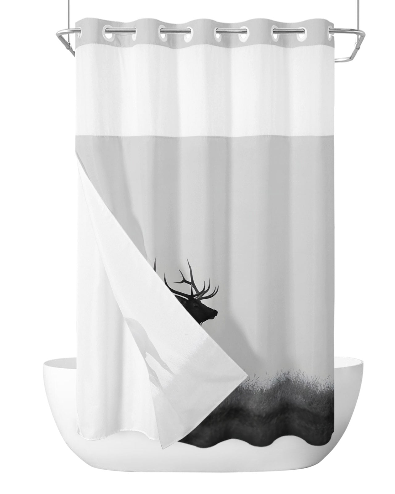 No Hook Cloth Fabric Shower Curtain with Snap in Liner, Vintage Elk ...
