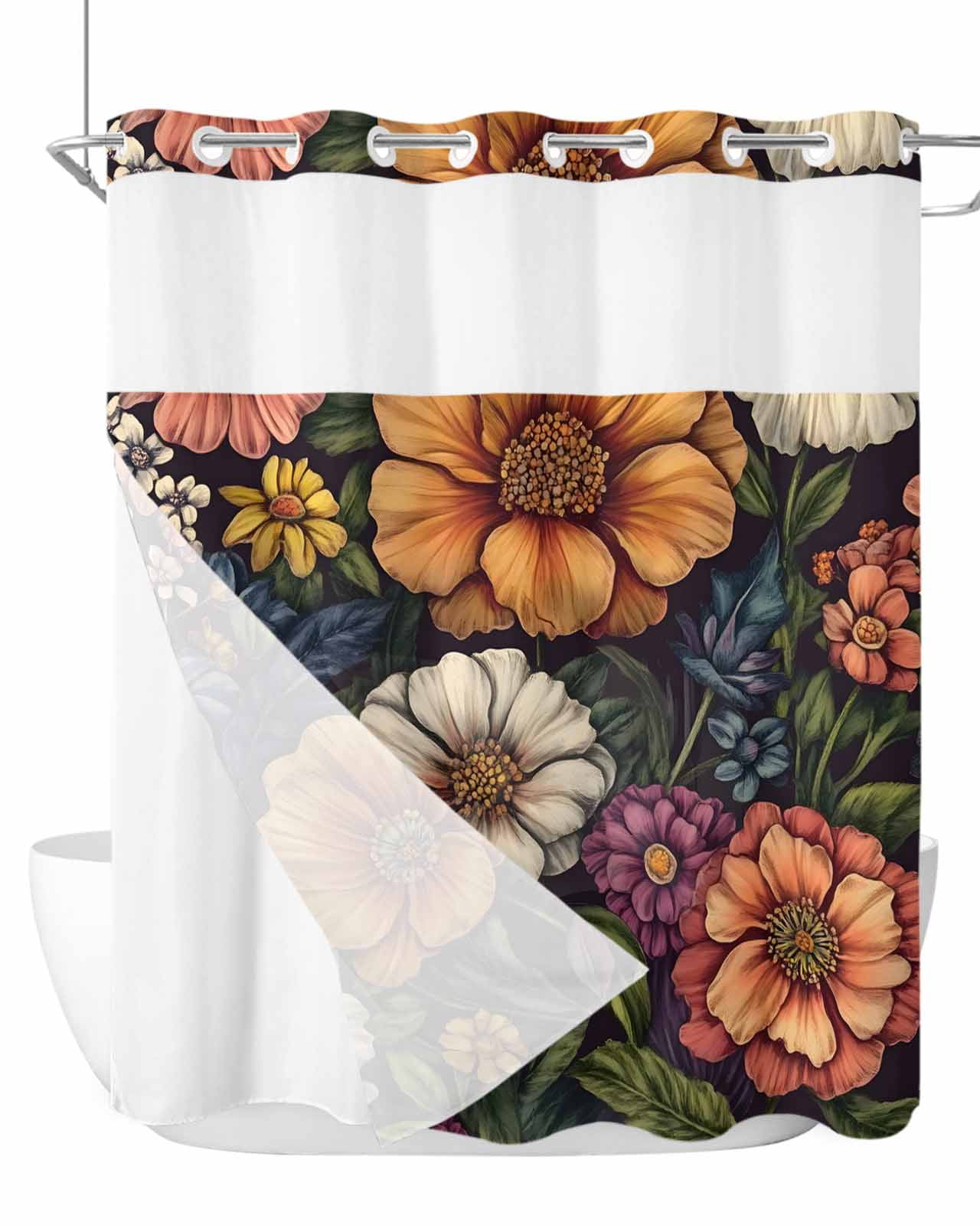 No Hook Cloth Fabric Shower Curtain with Snap in Liner, Vintage Flower ...