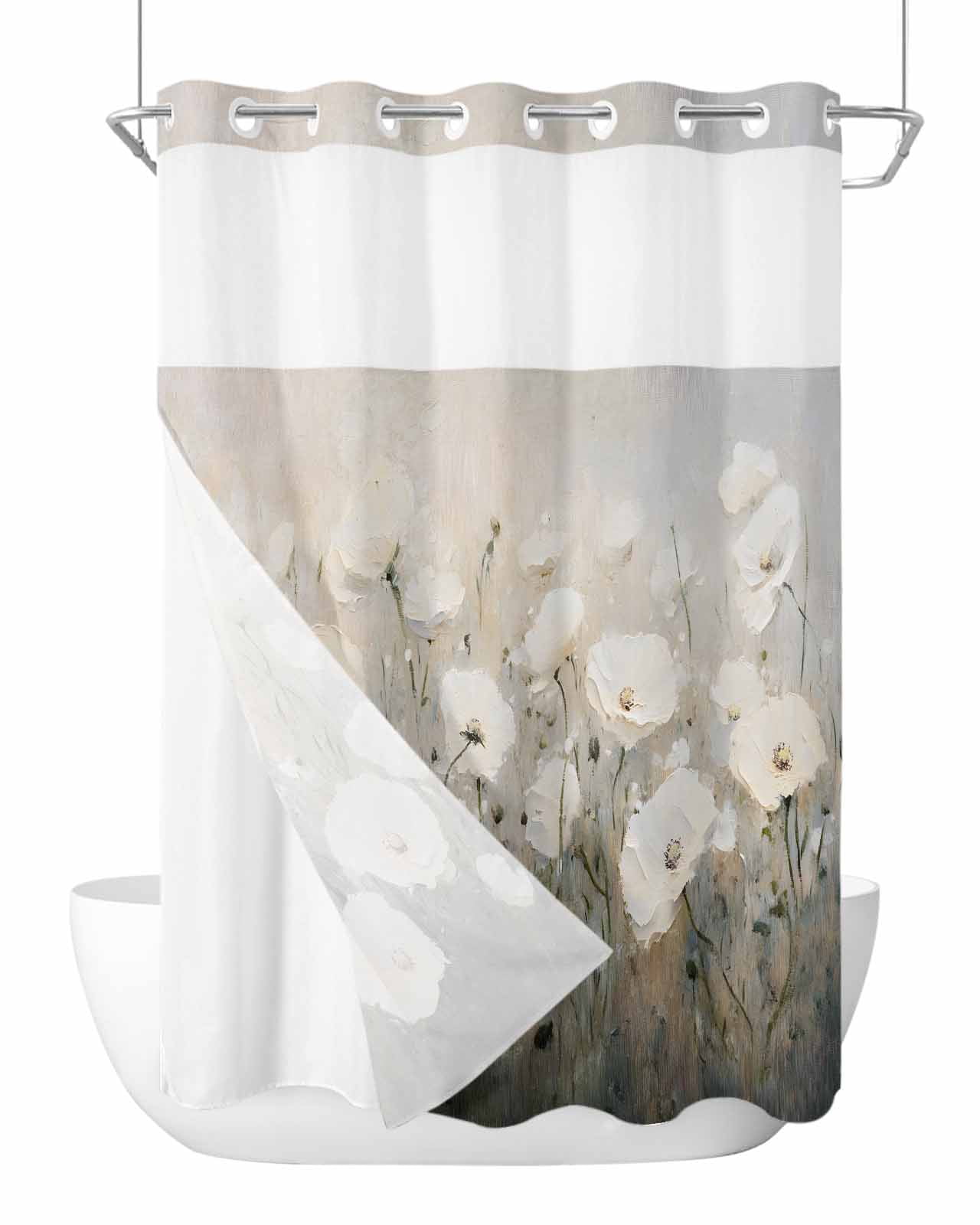 No Hook Cloth Fabric Shower Curtain with Snap in Liner, Watercolor Flowers Waterproof Shower ...