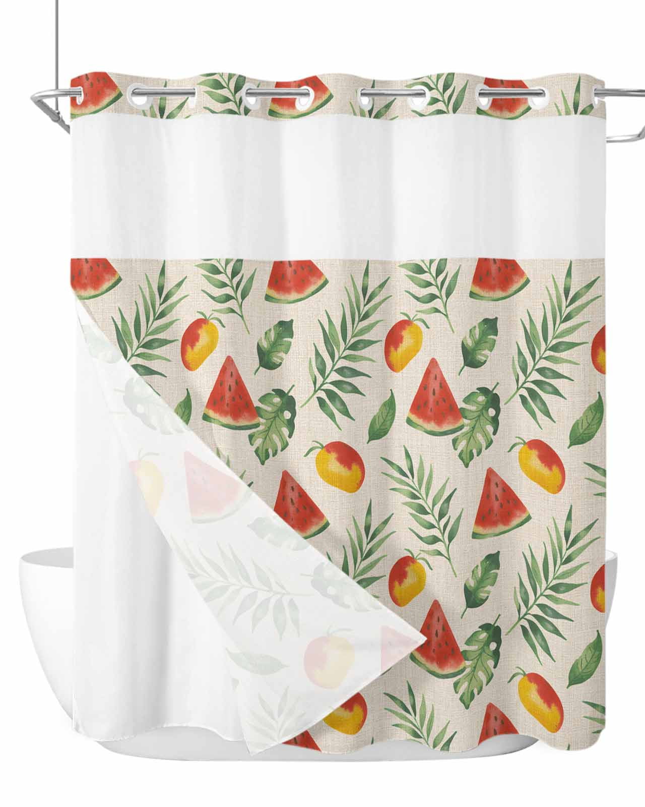 No Hook Cloth Fabric Shower Curtain with Snap in Liner, Watermelon ...
