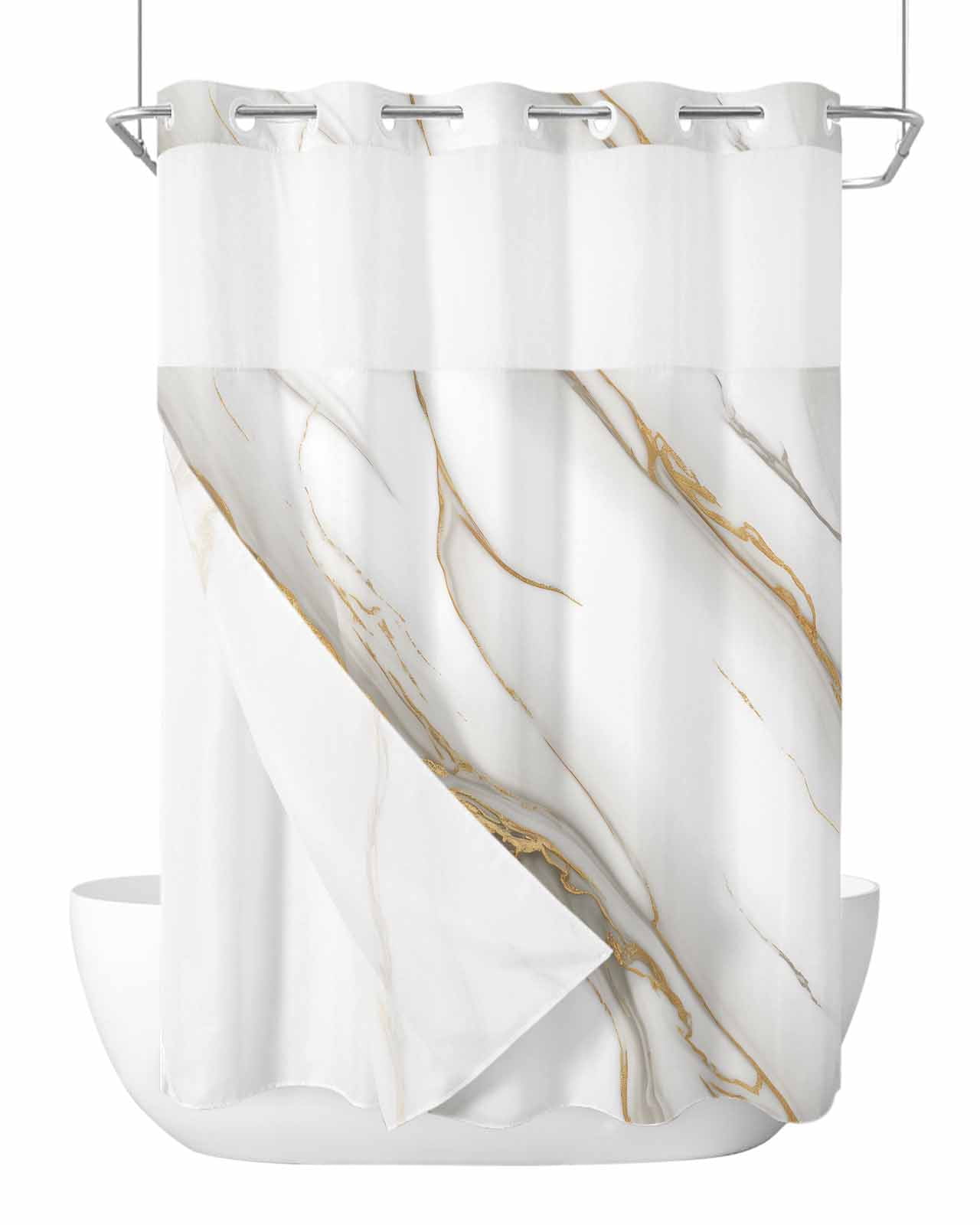 No Hook Cloth Fabric Shower Curtain with Snap in Liner, White Golden Marble Waterproof Shower ...