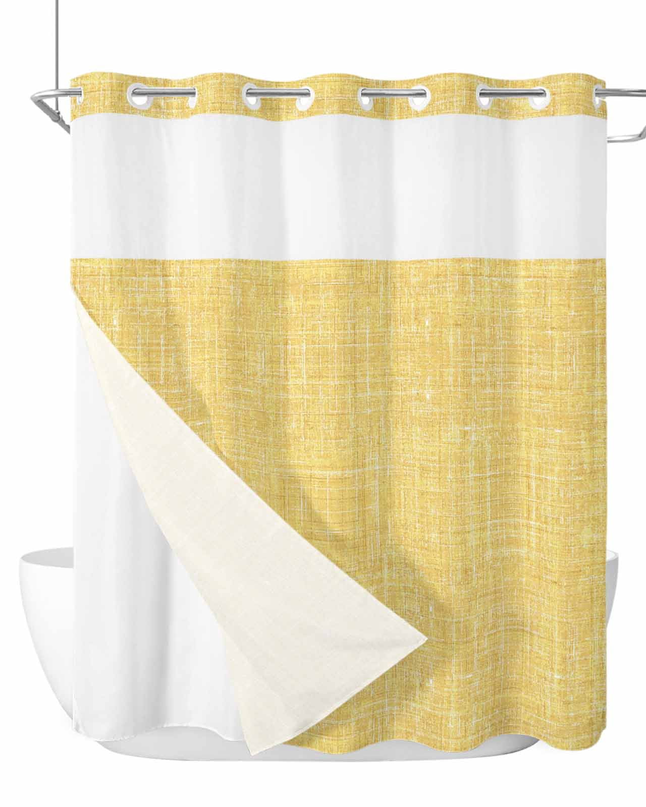 No Hook Cloth Fabric Shower Curtain with Snap in Liner, Yellow ...