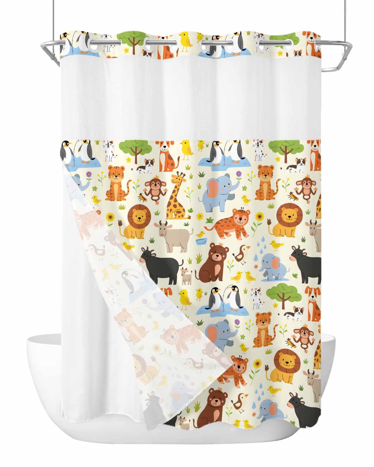 No Hook Cloth Fabric Shower Curtain with Snap in Liner, Zoo Animals ...
