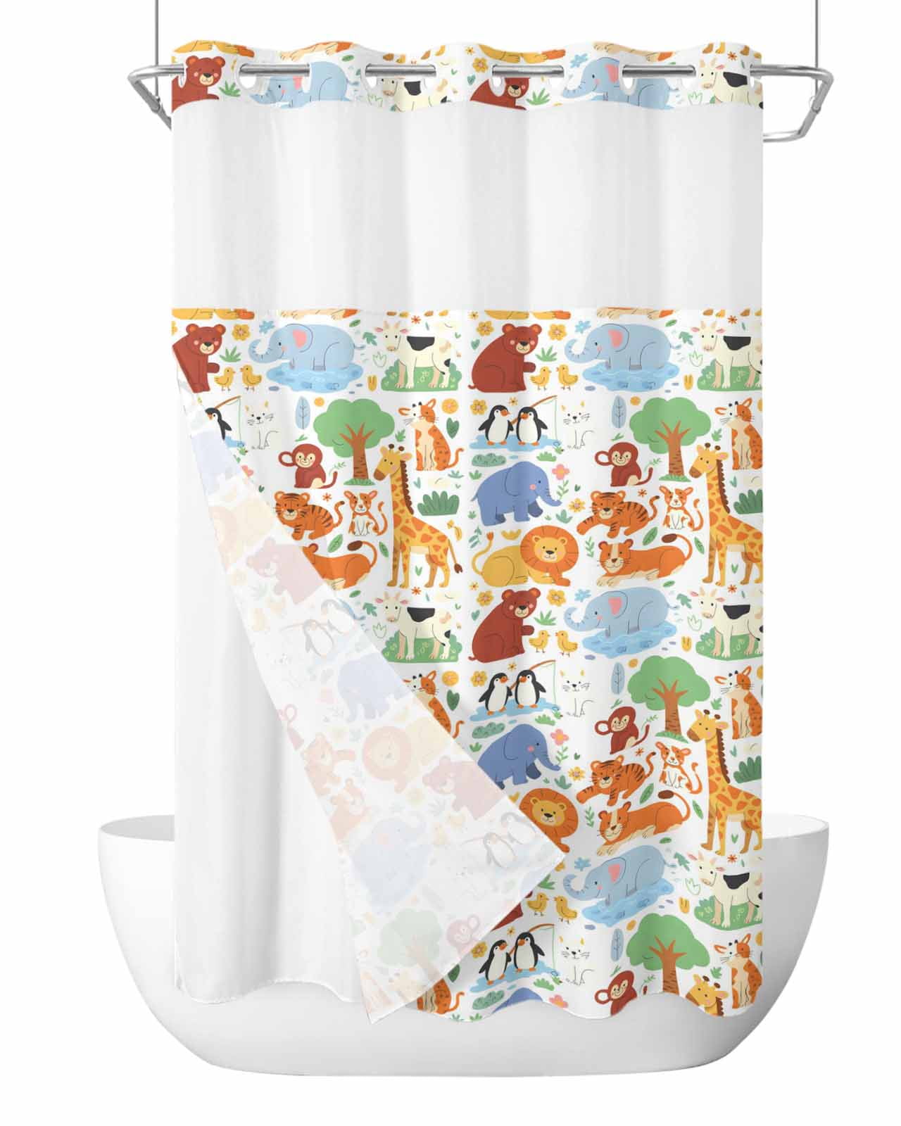 No Hook Cloth Fabric Shower Curtain with Snap in Liner, Zoo Animals ...