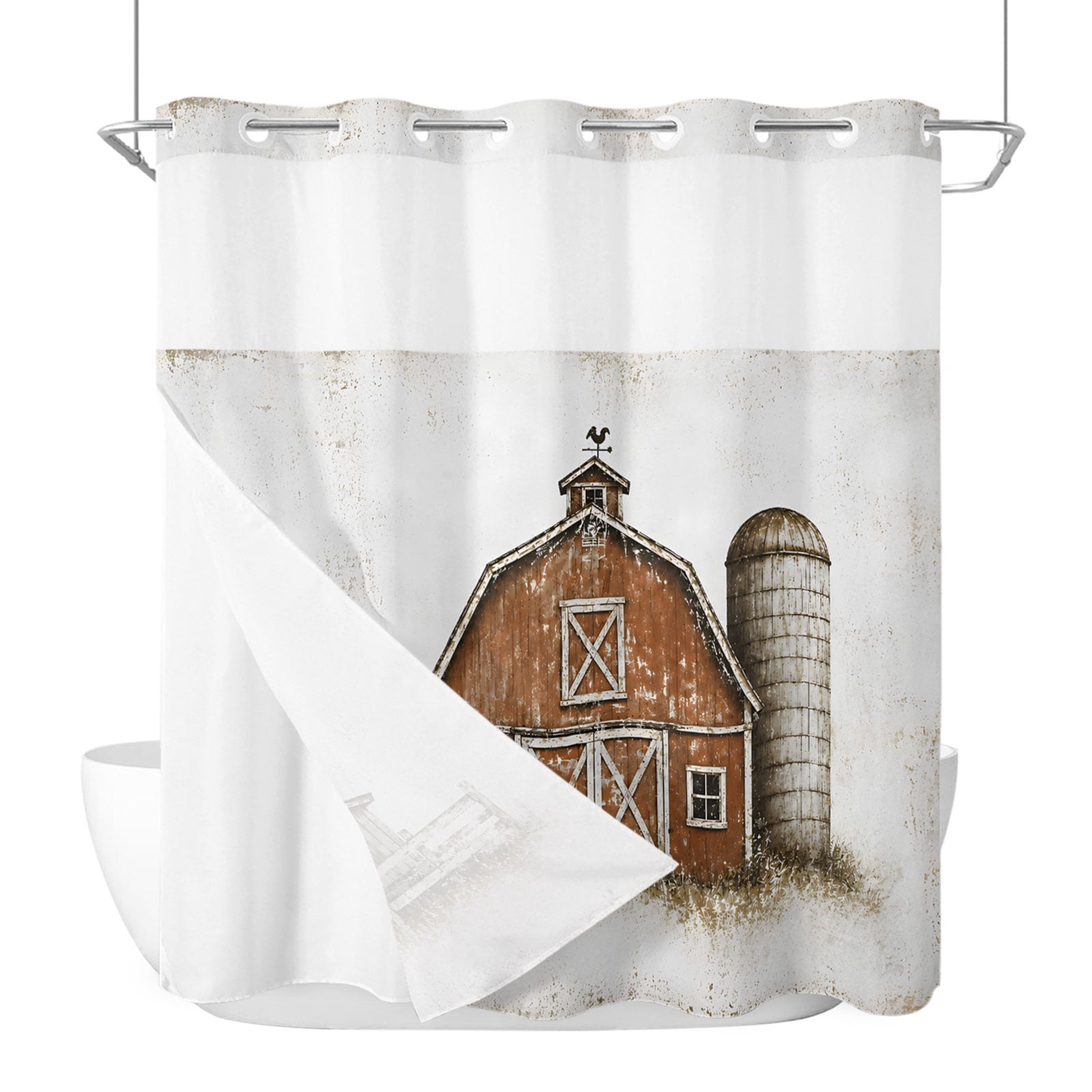 No Hook Country Barn Shower Curtain with Snap in Liner Set, Modern ...