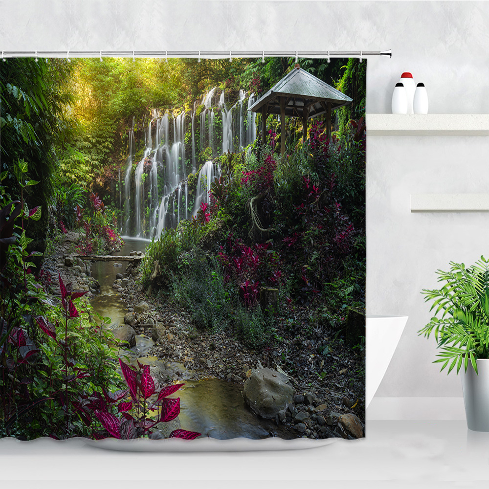 Hook Curtain Bath Waterproof Cloth Wall Garden Rural Waterfall Bridge ...